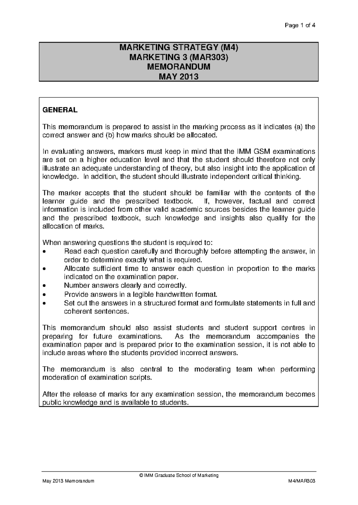 MStrat Exam May2013 MEMO - © IMM Graduate School of Marketing MARKETING ...