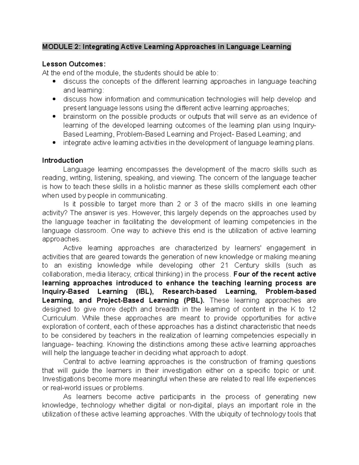 TTL2 Module 2 Lesson 1 - TTL - MODULE 2: Integrating Active Learning Approaches in Language ...