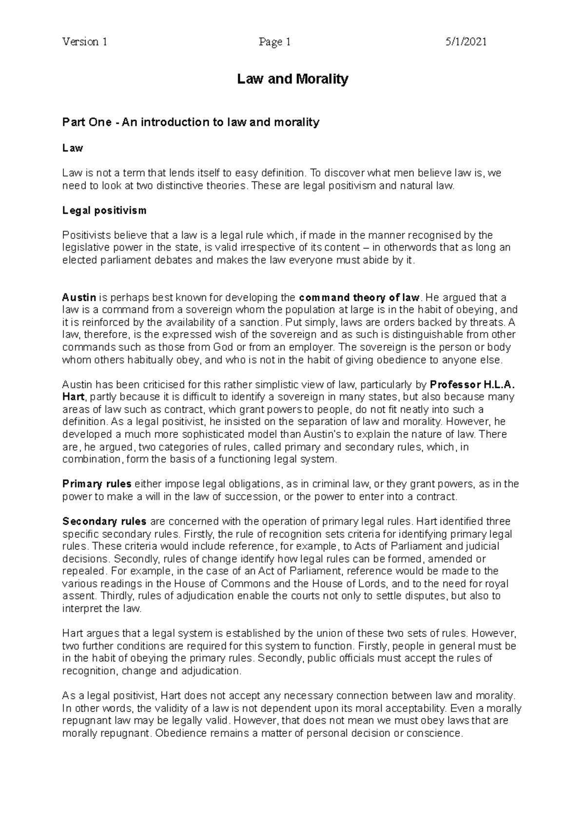 Lawmoralityshortnotes - Law and Morality Part One - An introduction to ...