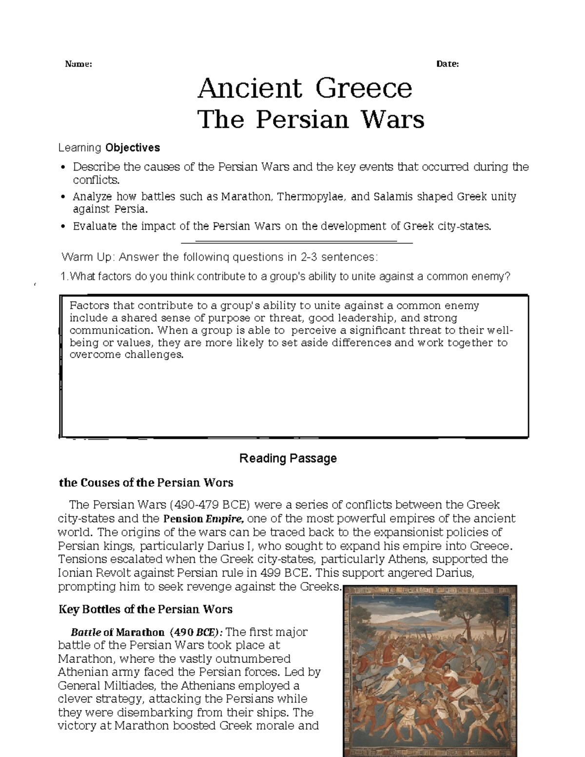 Persian Wars For - Name: Date: Ancient Greece The Persian Wars Learning ...