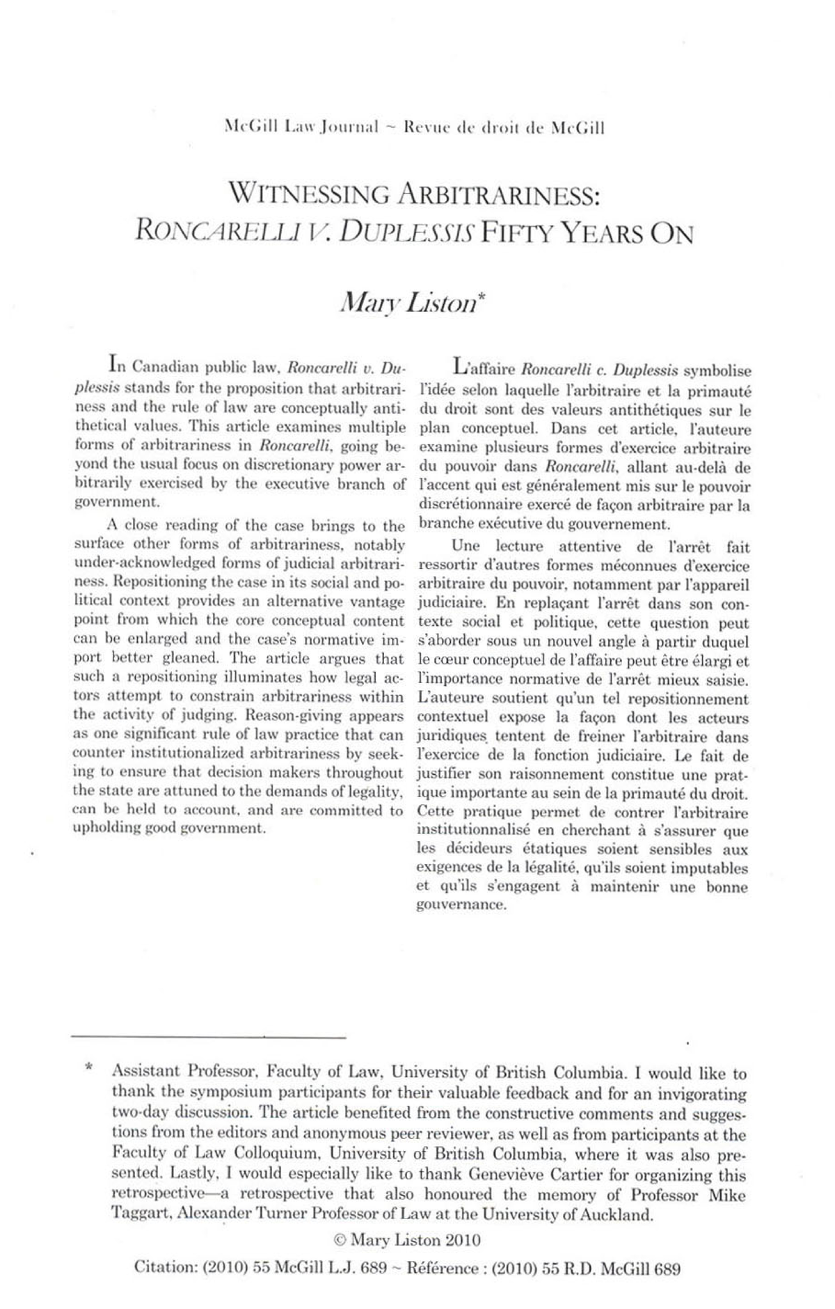 Witnessing arbitrariness - Roncarelli V d Uplessis 50 Years ON ...