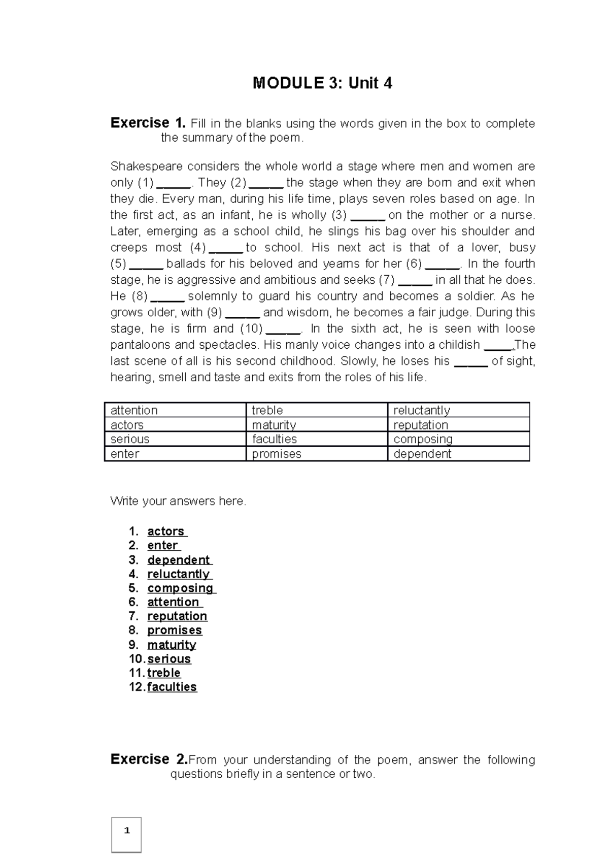 World Literature Shakespeare - MODULE 3: Unit 4 Exercise 1. Fill in the blanks using the words ...