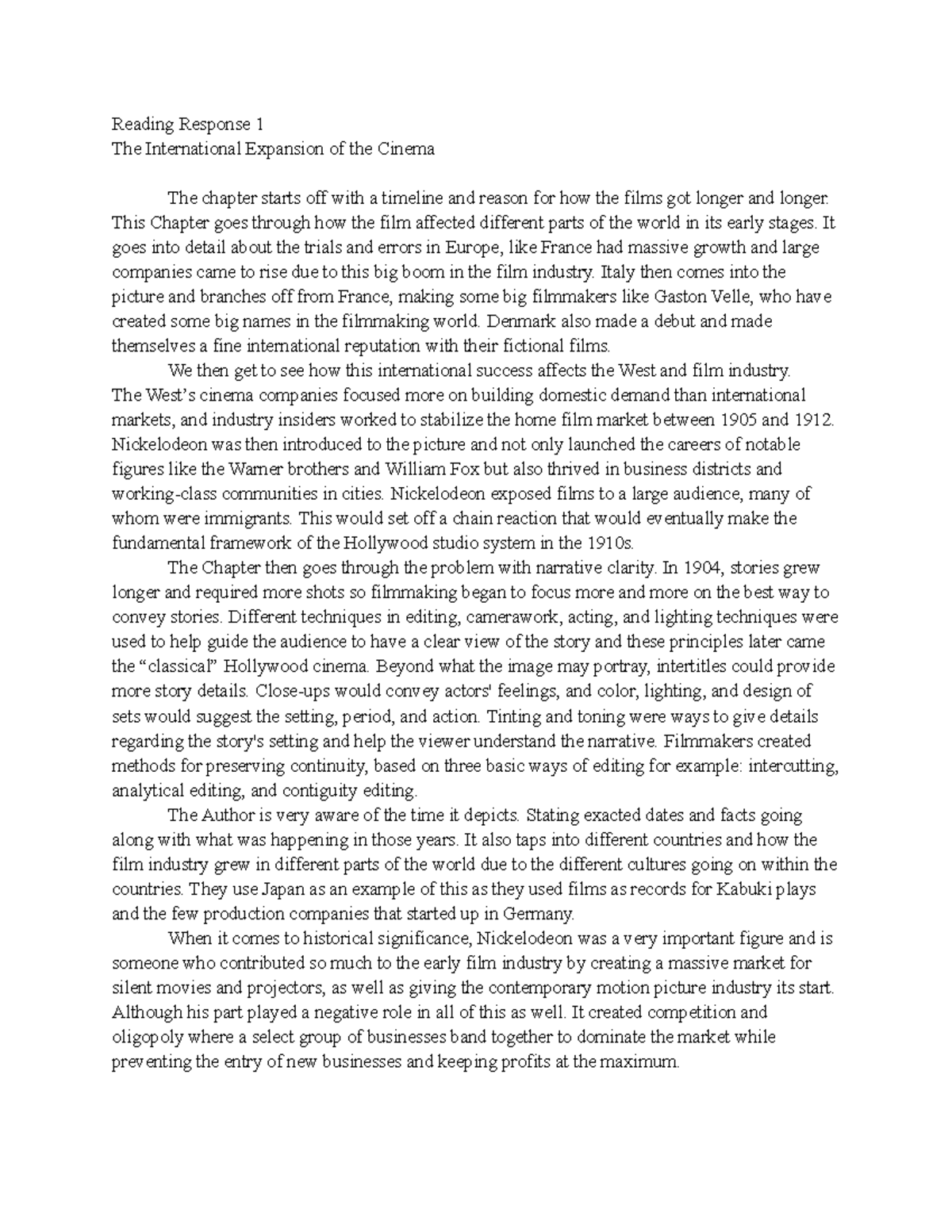 Reading Response 1 - Summary Film History - Reading Response 1 The ...