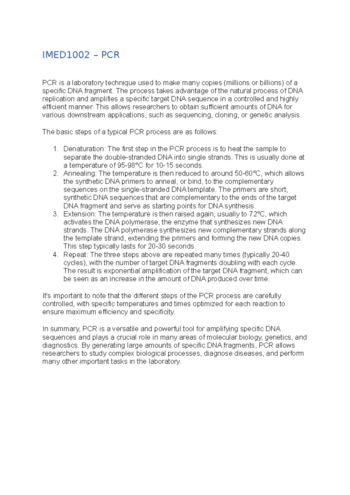 IMED1002-PCR - Lecture notes on PCR process with practice questions and ...