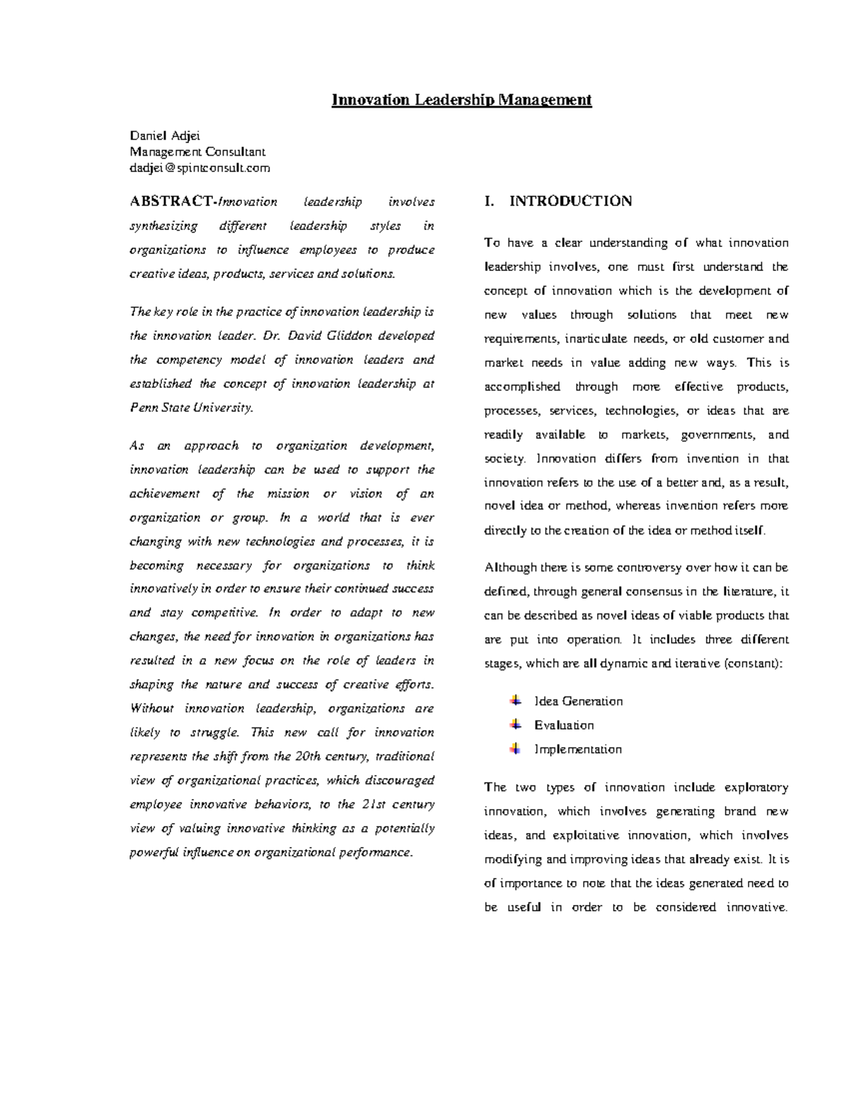 Innovation Leadership Management - The key role in the practice of ...