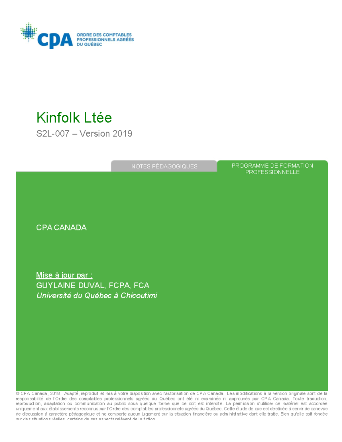 S2L-007 Kinfolk Ltee - Certification Extrait des notes pedagogiques ...