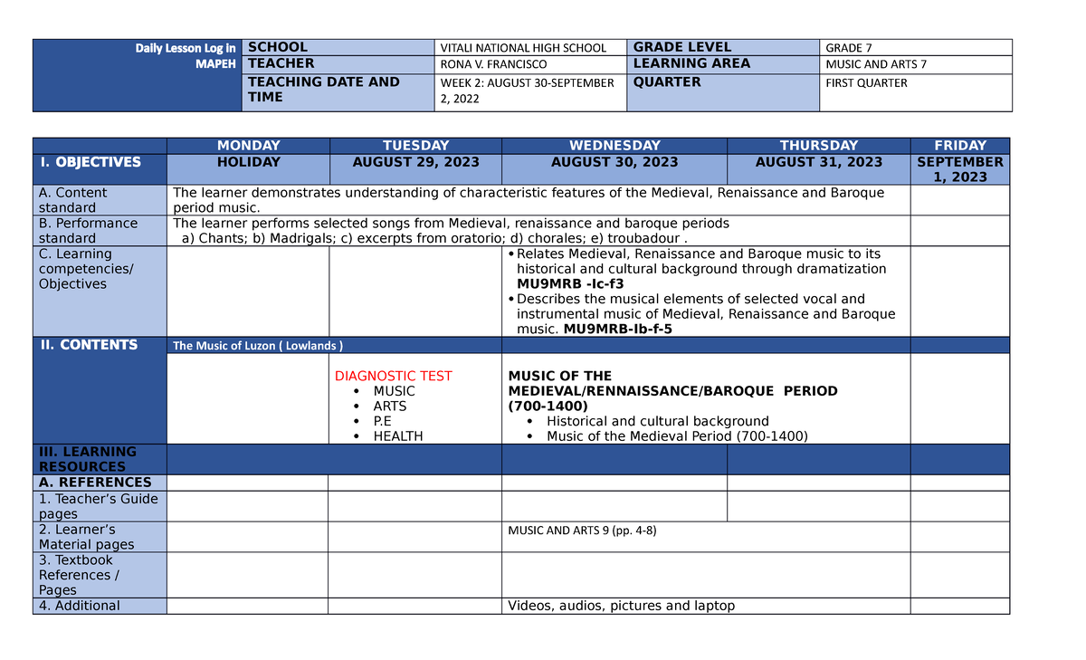 WEEK 2-3 MAPEH -9 - Daily Lesson Log in MAPEH SCHOOL VITALI NATIONAL ...