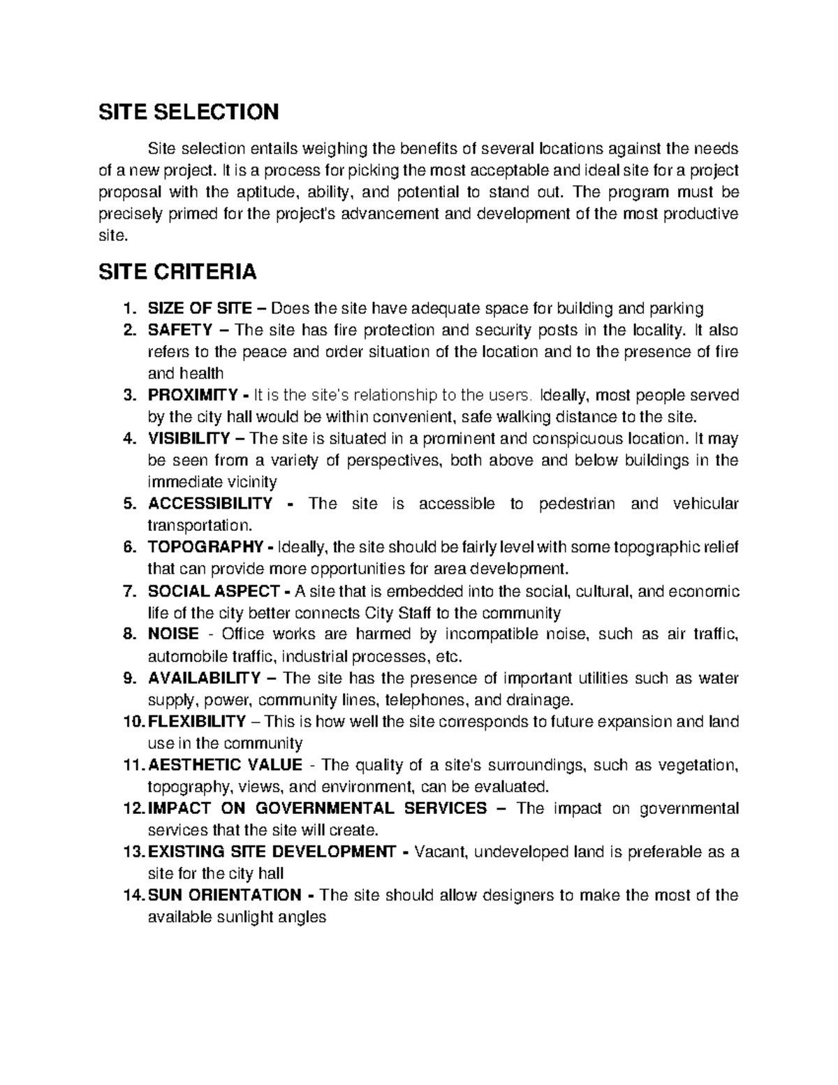 Activity - SITE Selection - SITE SELECTION Site selection entails ...