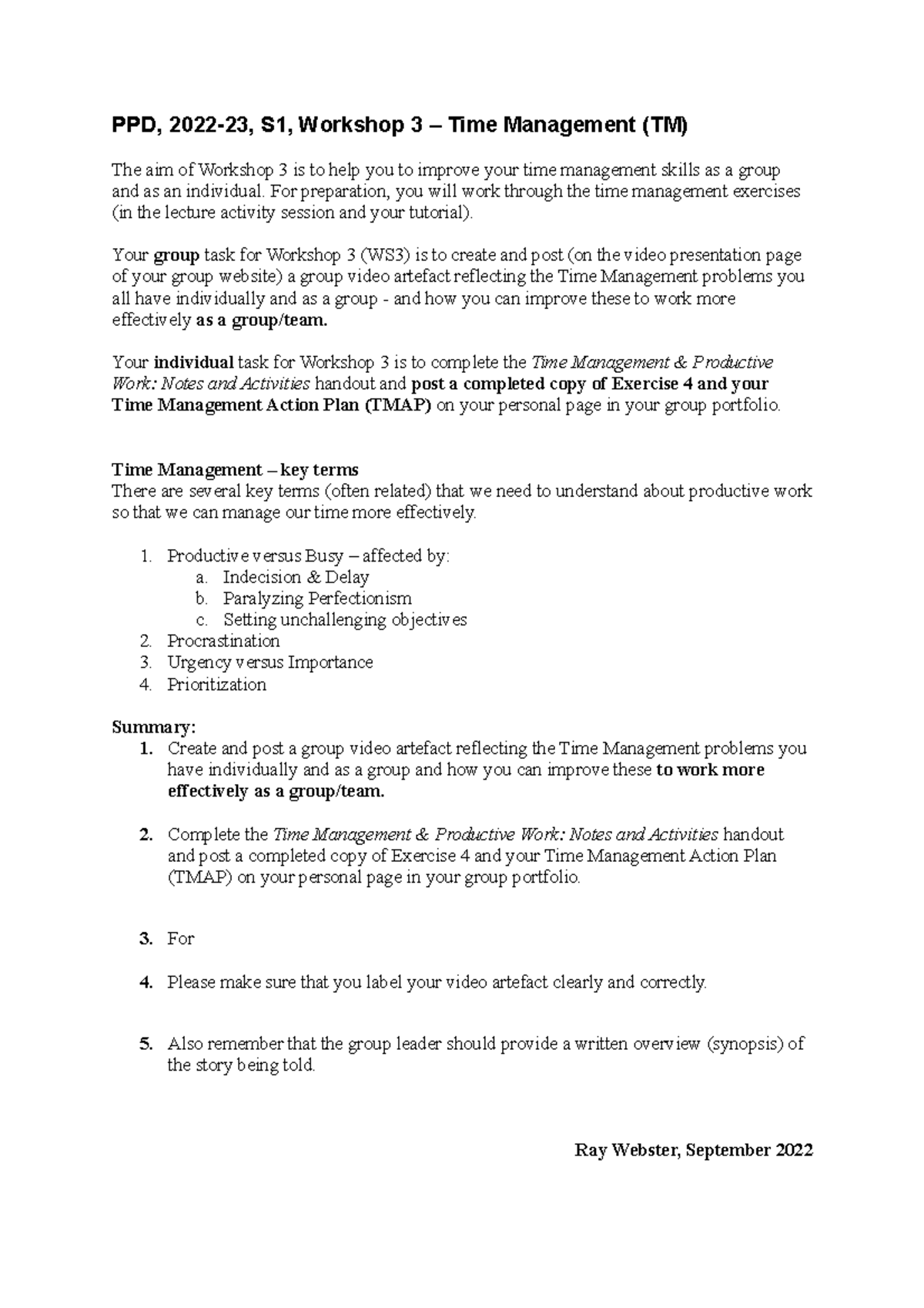 Ppd2022WS3Time Mgt - BBAE PPD 2022 S1 Final Assessment - PPD, 2022-23 ...