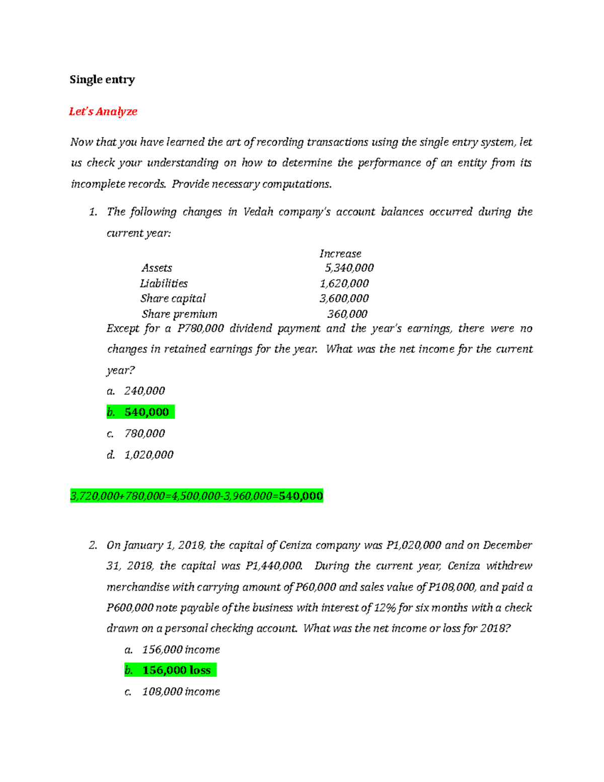 Answer KEY 4TH EXAM - Single entry Let’s Analyze Now that you have ...