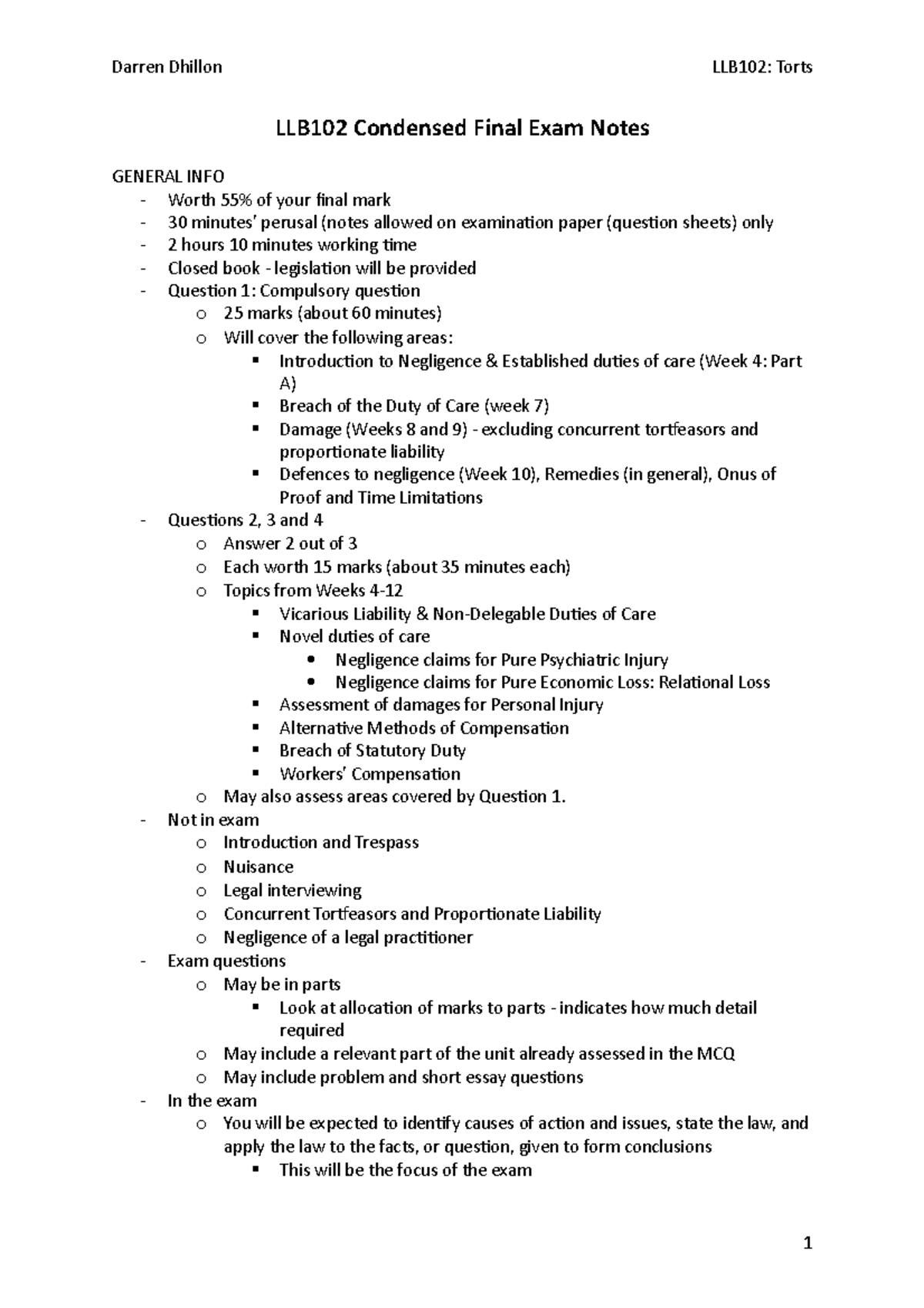 LLB102 Condensed Final Exam Notes - Darren Dhillon LLB102: Torts LLB102 ...