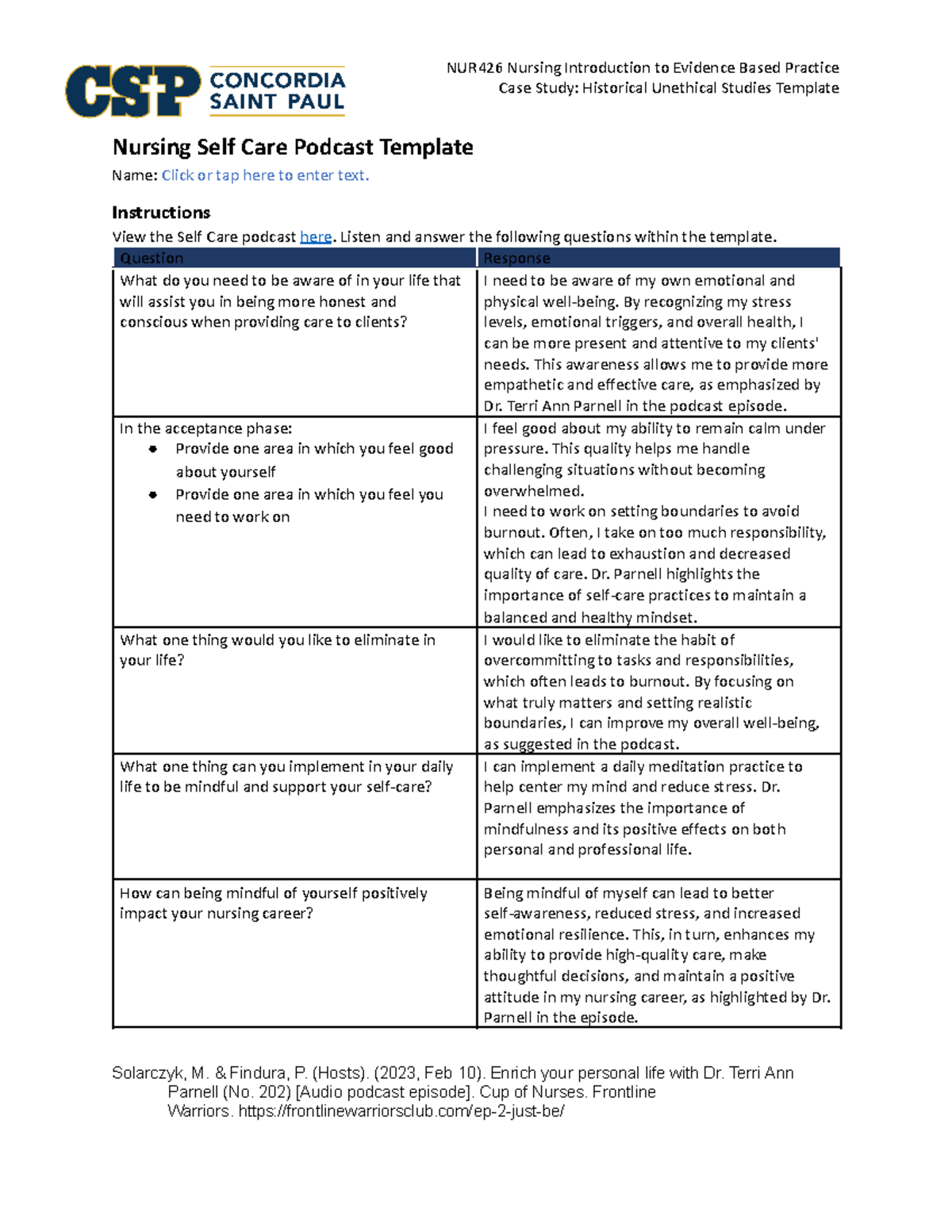 Selfcare Podcast Clinical Pre-work Template - NUR426 Nursing ...