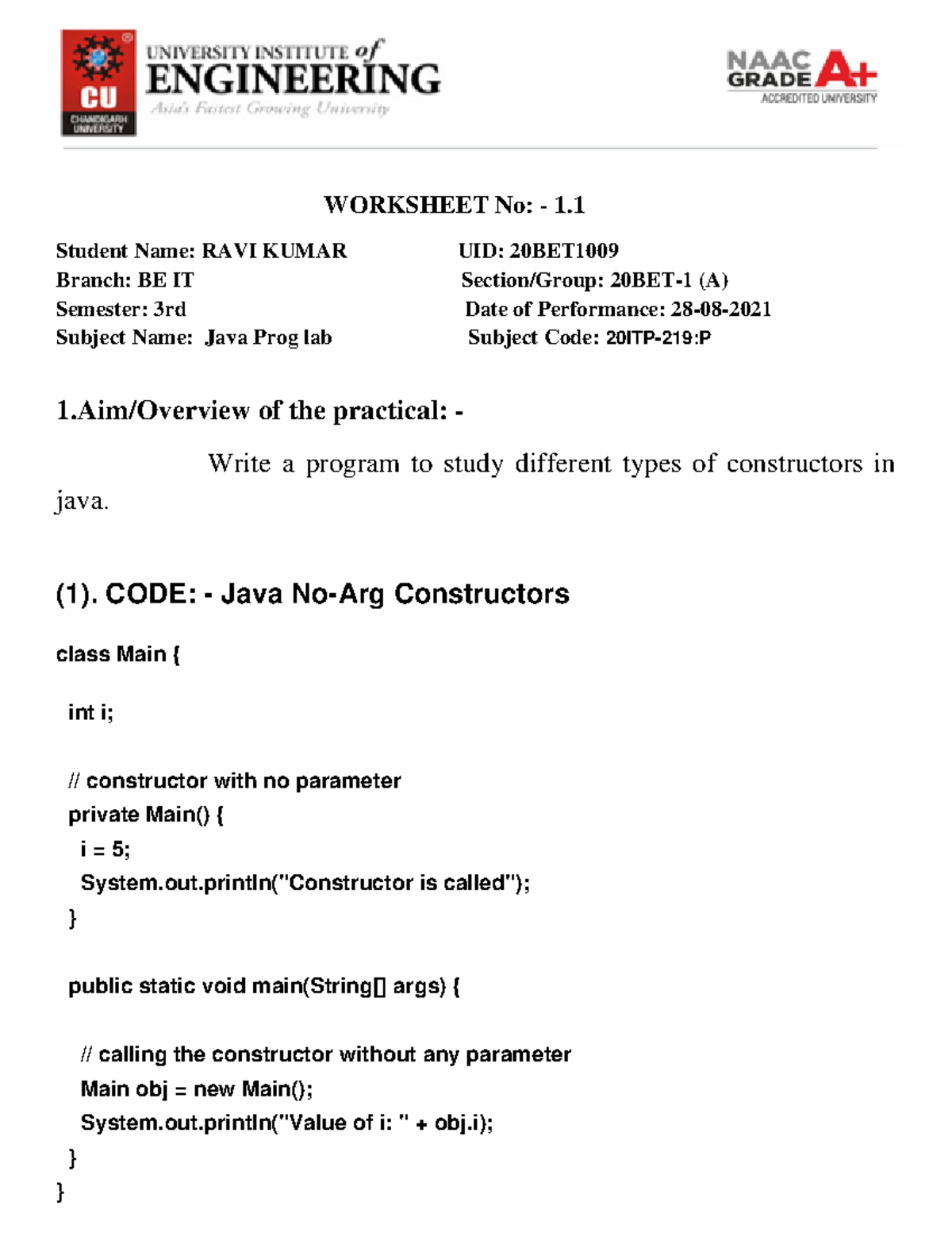 Worksheet 1 - sdfgjhjk - WORKSHEET No: - 1. Student Name: RAVI KUMAR ...