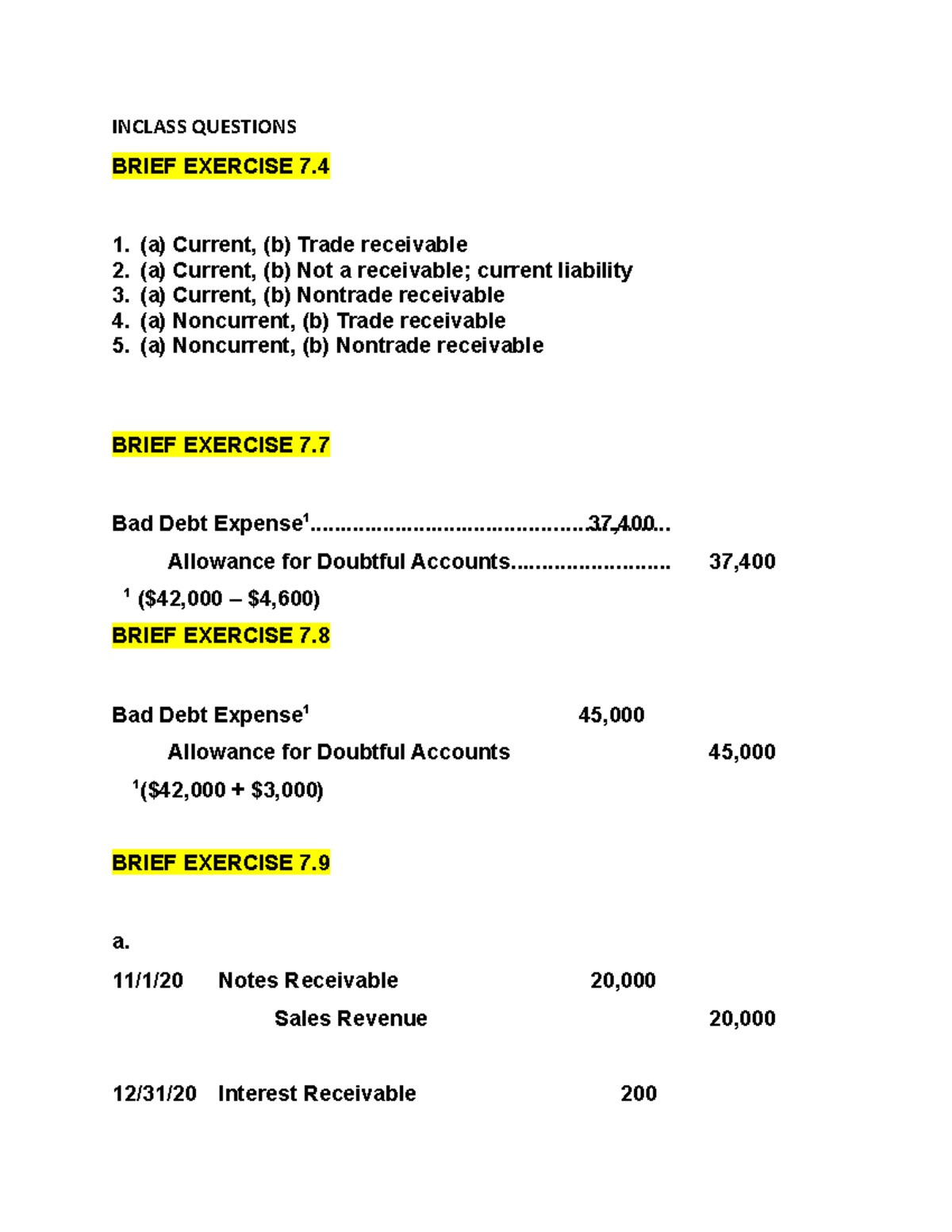 Chapter 7 Inclass Questions - INCLASS QUESTIONS BRIEF EXERCISE 7. (a) Current, (b) Trade ...