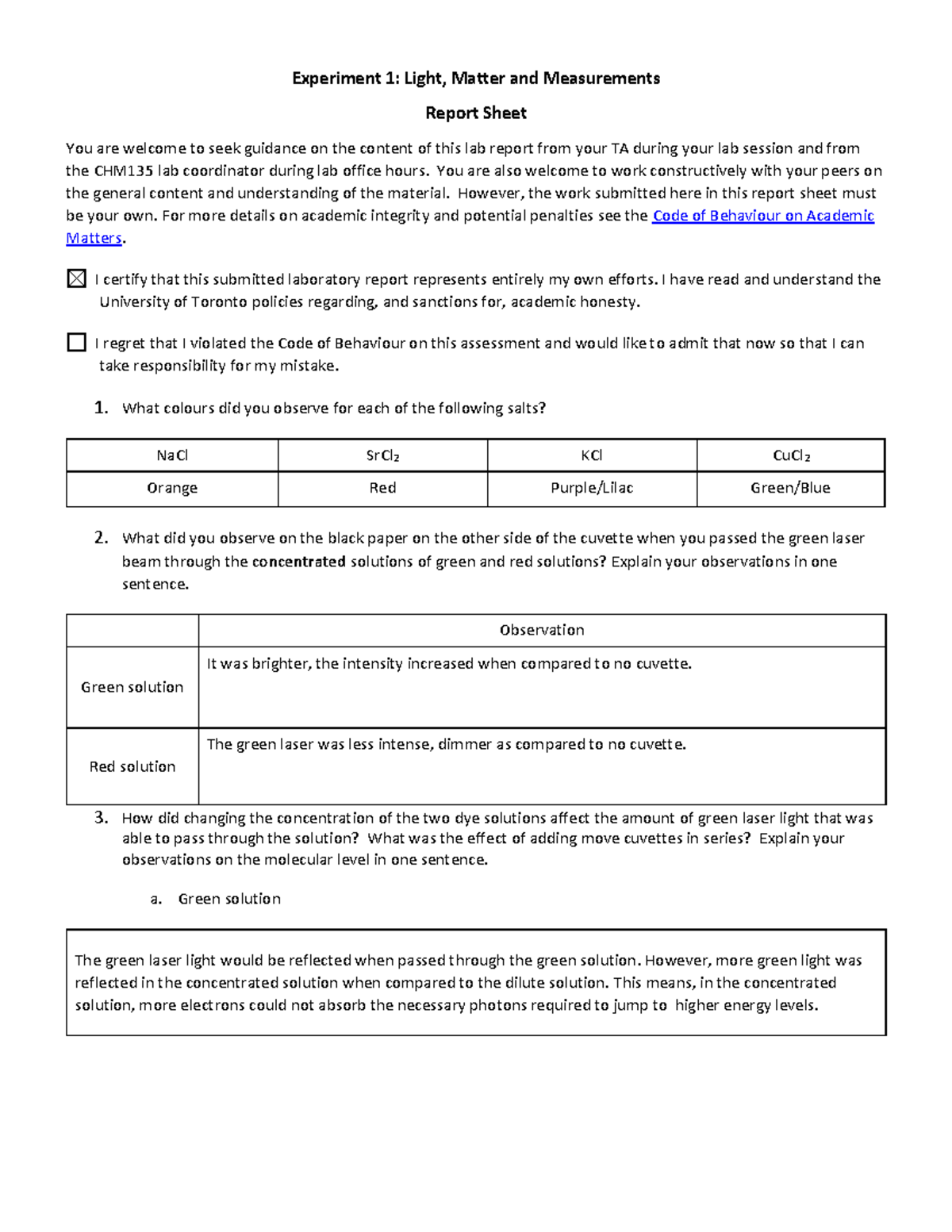 CHM135 Lab 1 report sheet - Experiment 1: Light, Matter and ...