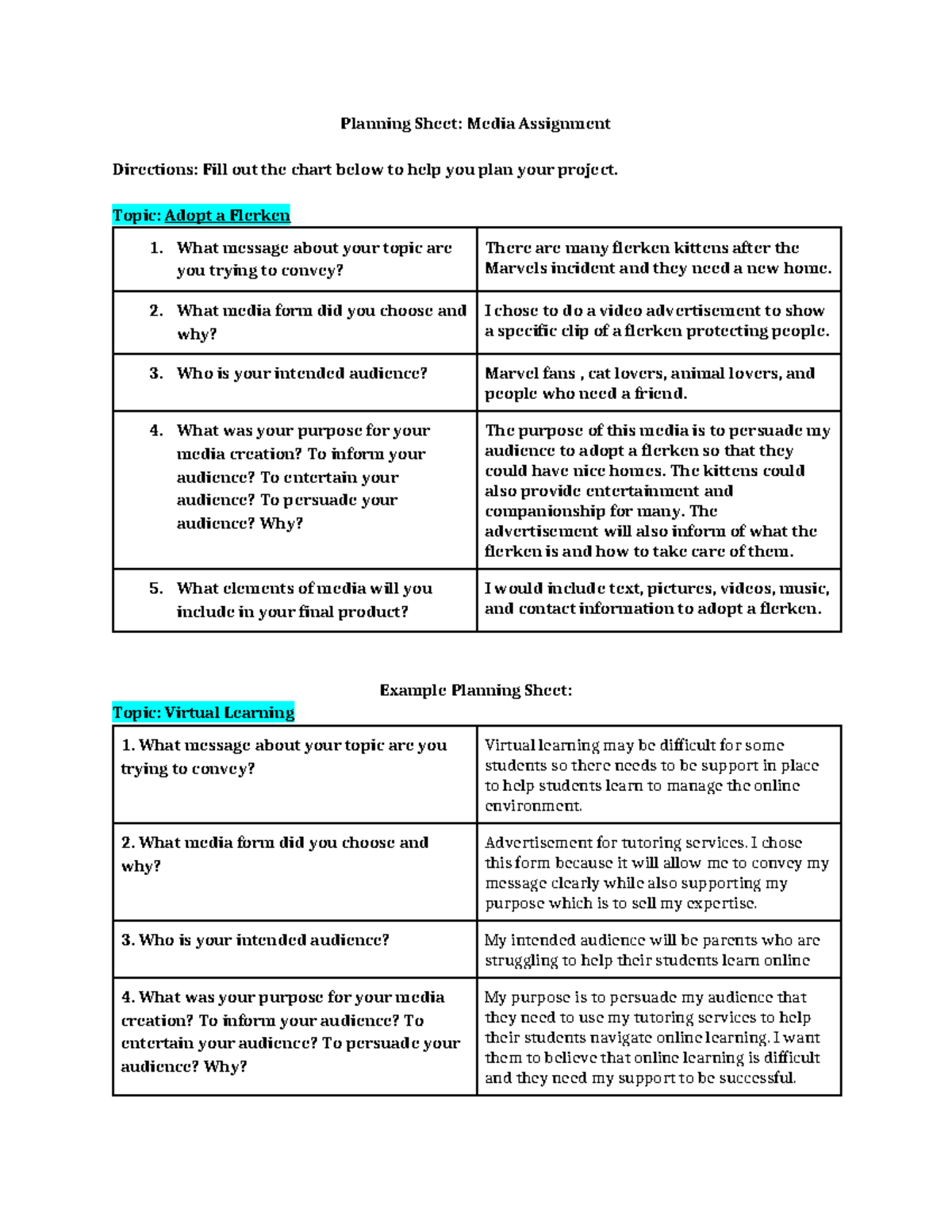 Copy of Planning Sheet Media Assignment - Planning Sheet: Media ...
