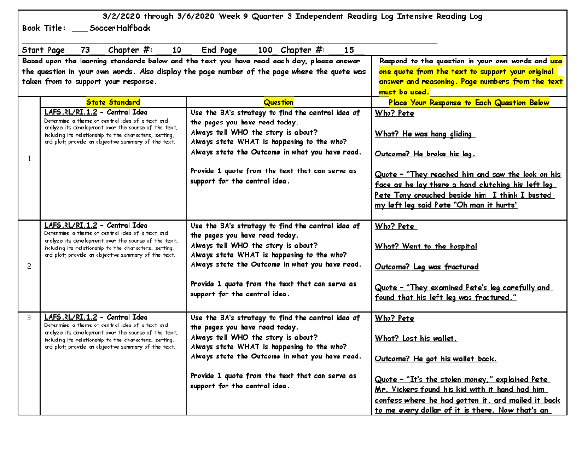 Reading log 9 - 3/2/2020 through 3/6/2020 Week 9 Quarter 3 Independent ...