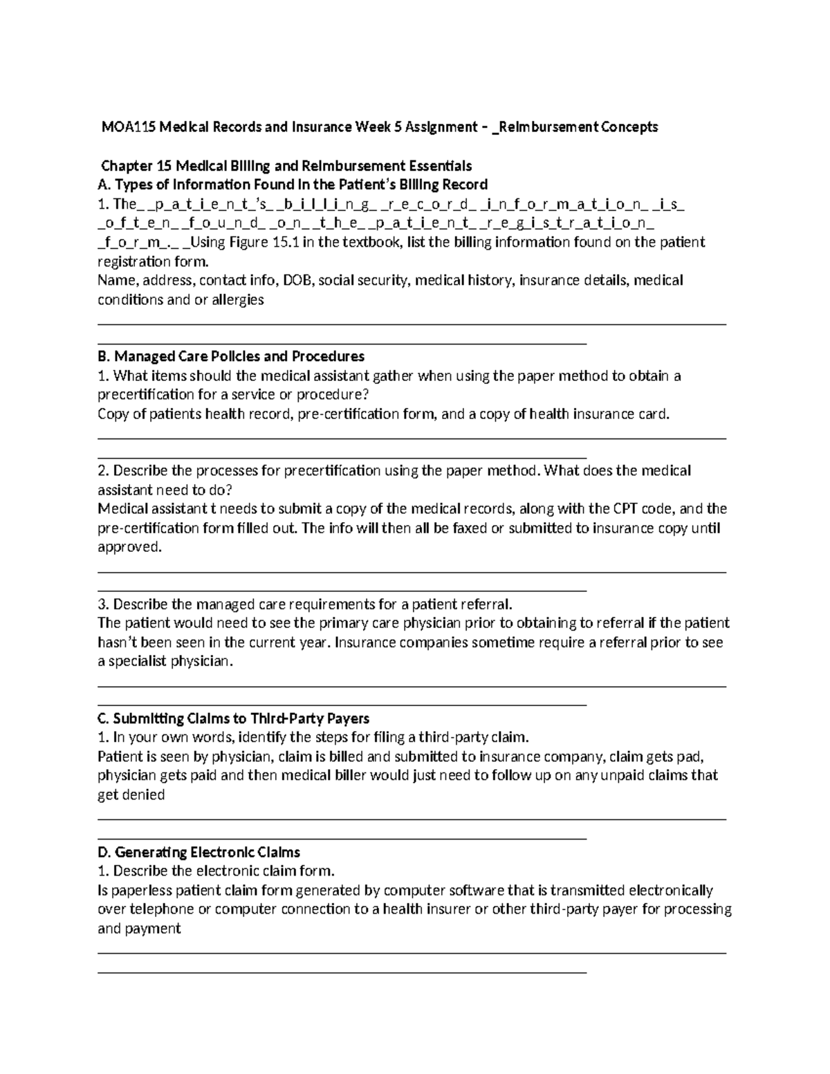 MOA115 Medical Records and Insurance Week 5 Assignment - Types of Information Found in the ...