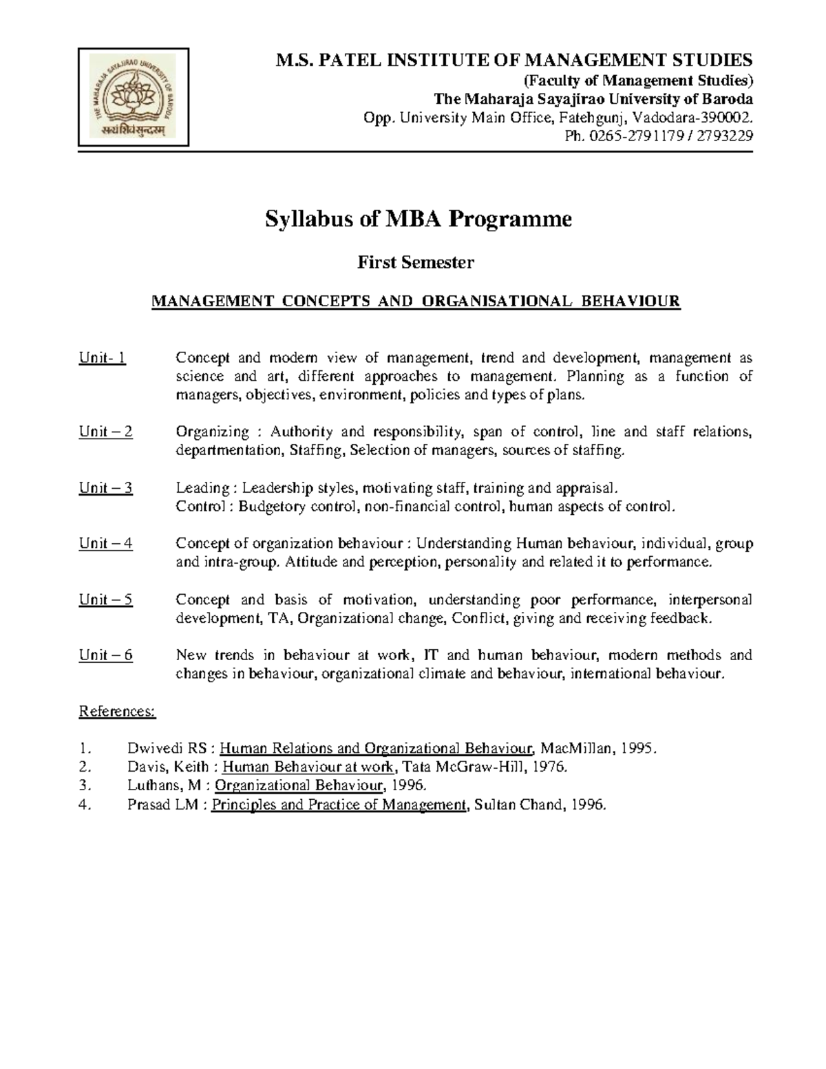 MBA Syllabus - NOT - (Faculty of Management Studies) The Maharaja ...