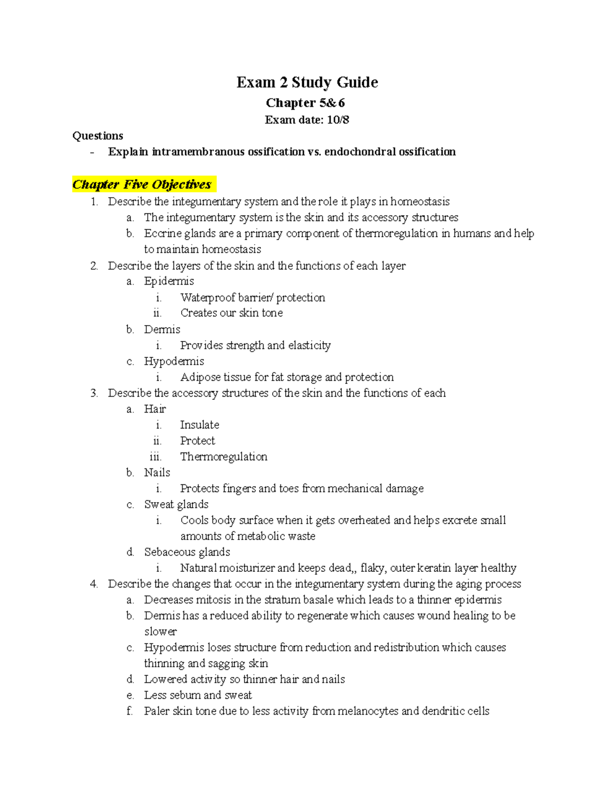 Anatomy Study Guide - Exam 2 Objectives Practice Questions Lots of ...