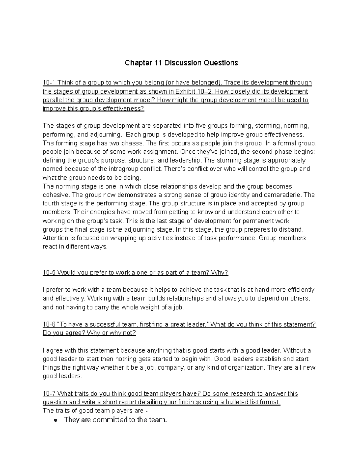 Chapter 11 Discussion Questions - Chapter 11 Discussion Questions 10-1 ...