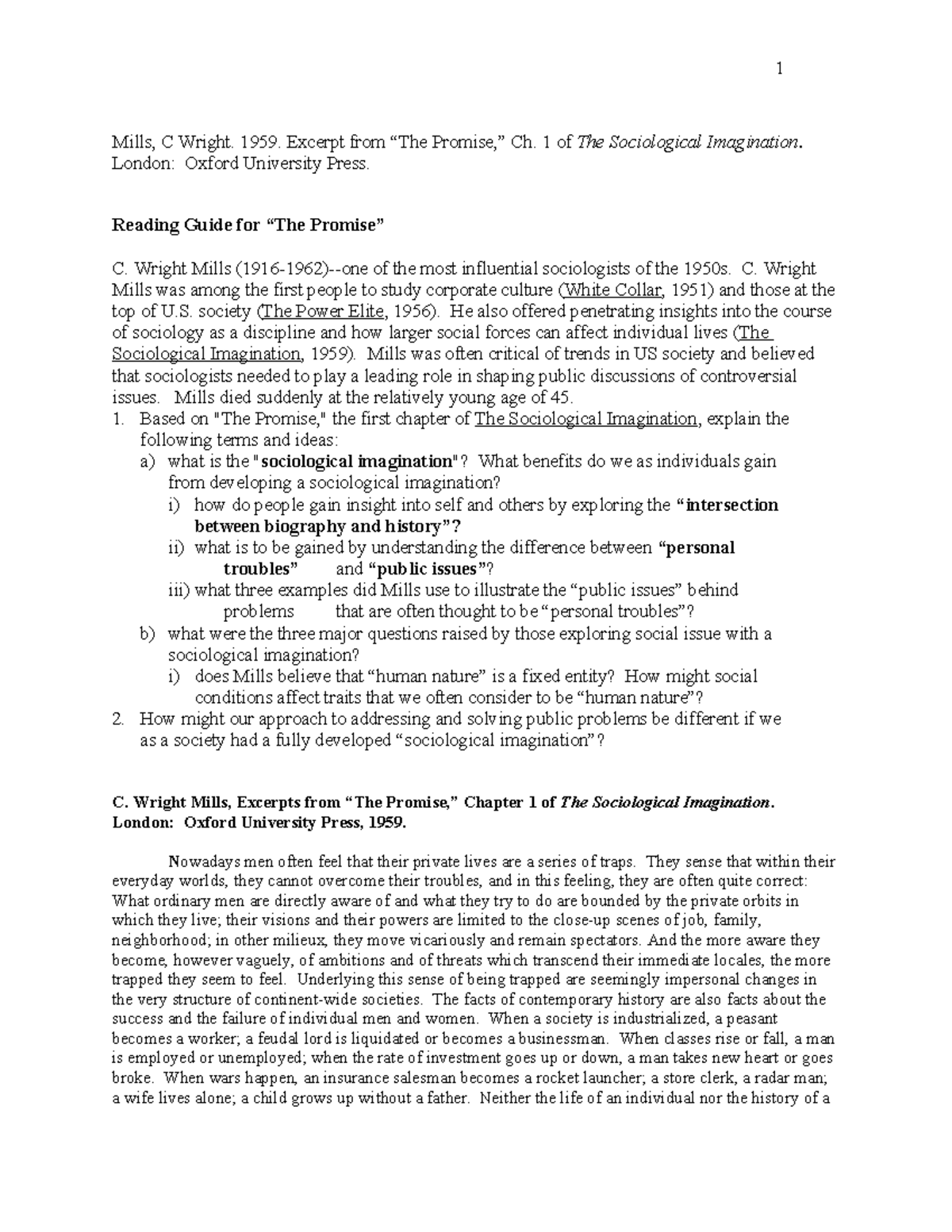 1 Mills - yes - Mills, C Wright. 1959. Excerpt from “The Promise,” Ch ...
