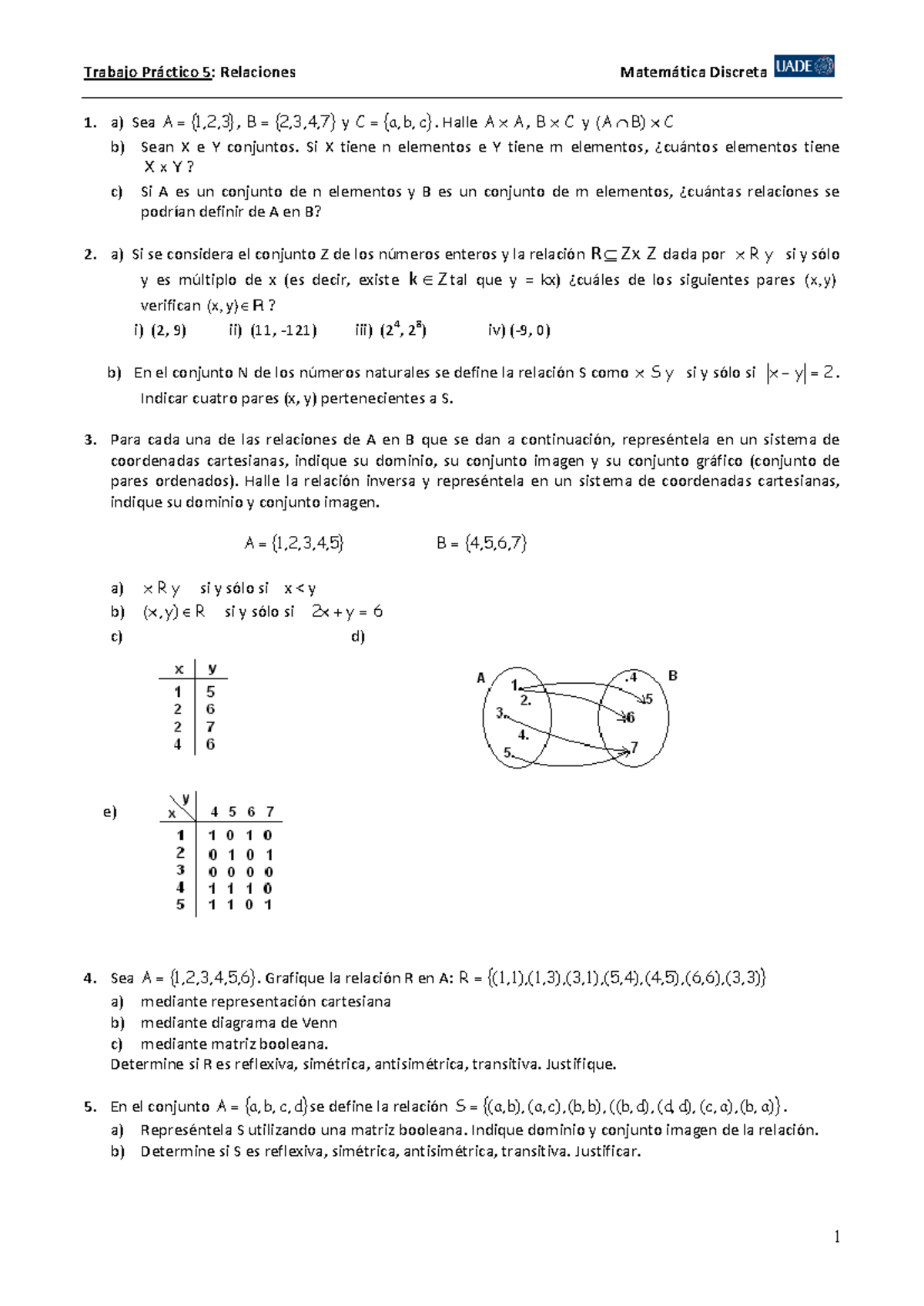 TP 05 - 1. a) Sea A 1,2,3 , B 2,3,4,7 y C a, b,c . Halle AxA, BxCy(A B ...