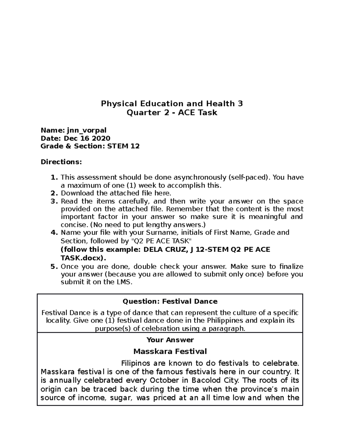 STEM 12 PEH ACE TASK - Physical Education Ace Task Final Requirement ...