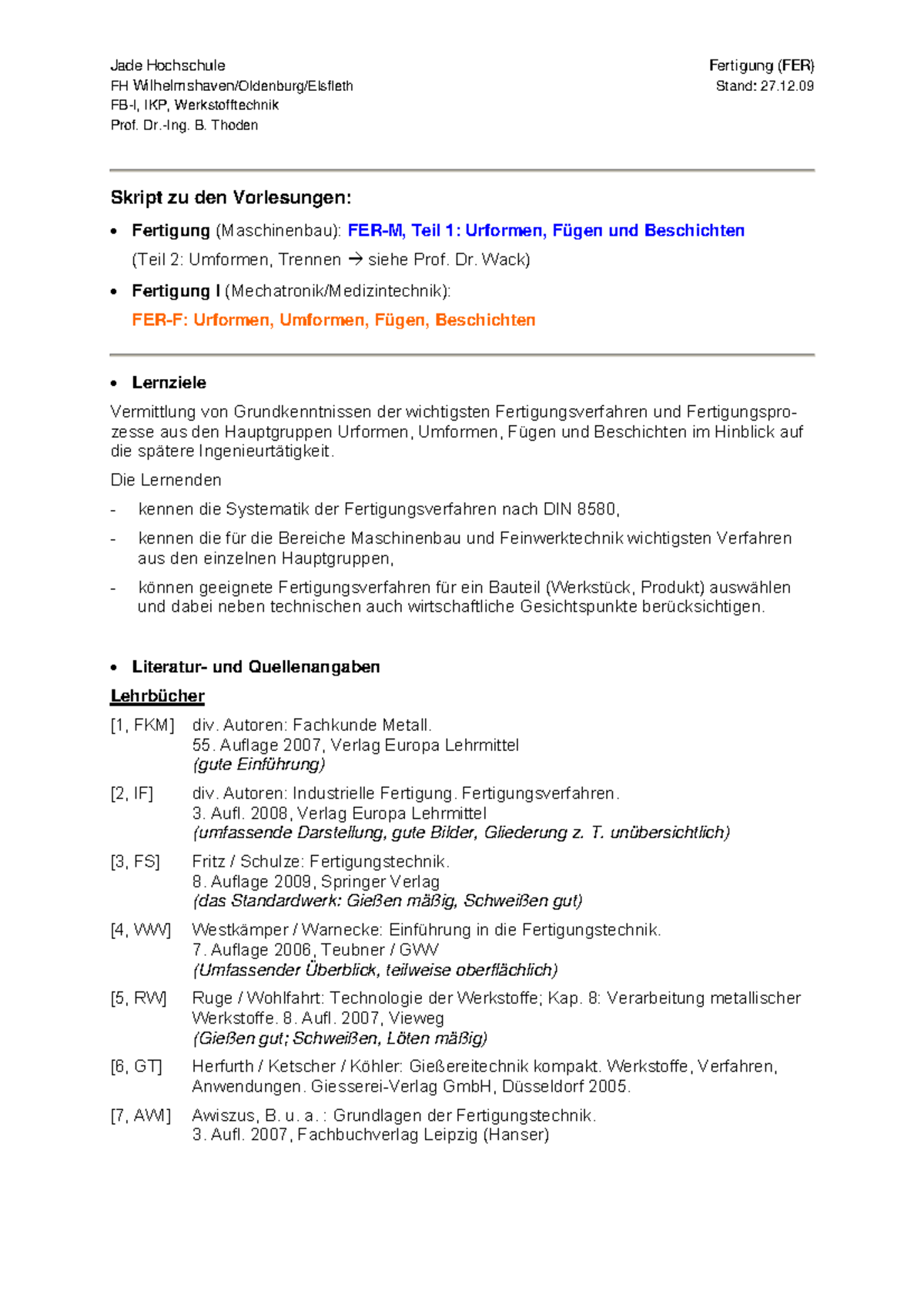 FER - Vorlesung - Jade Hochschule FH Wilhelmshaven/Oldenburg/Elsfleth ...