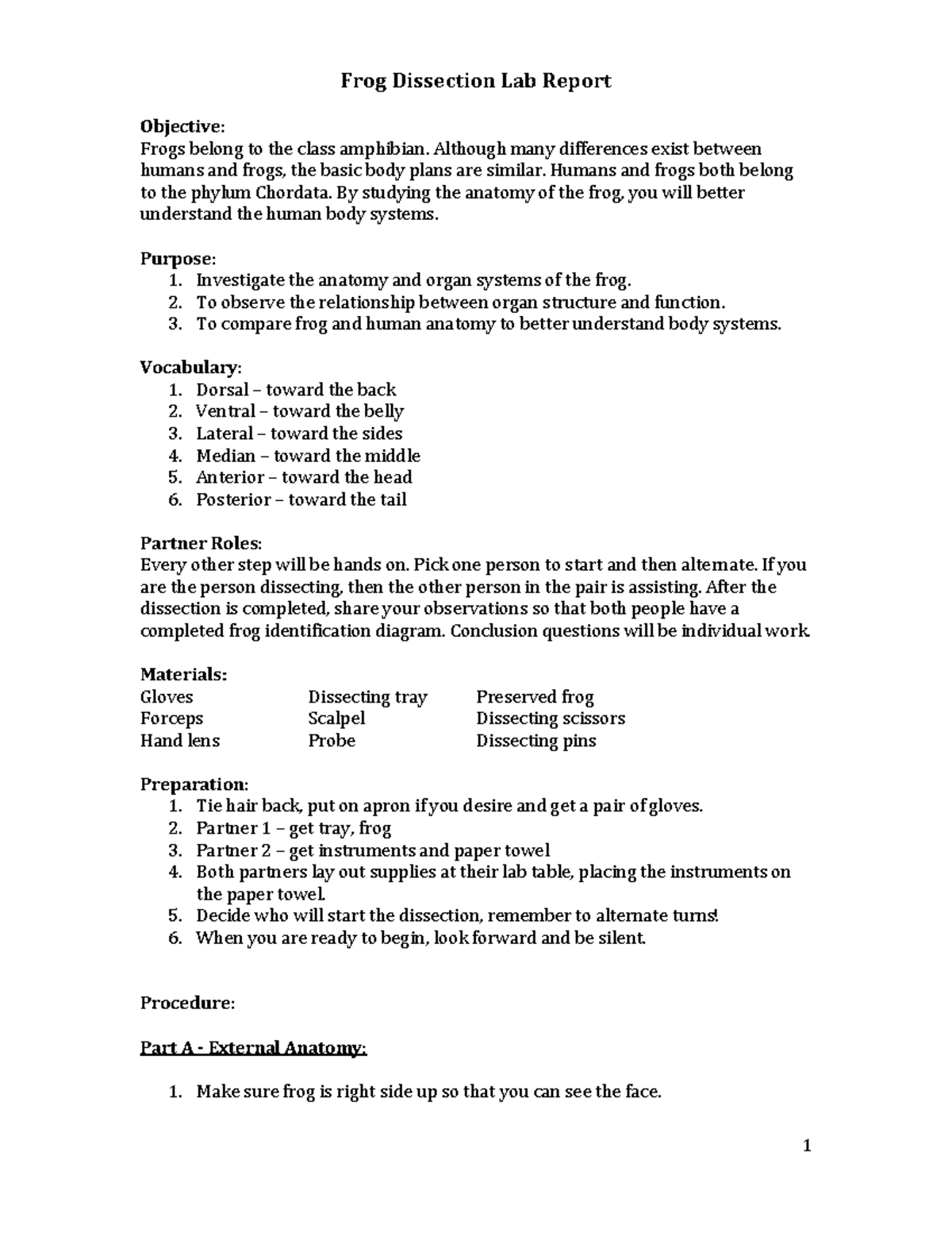 Frog Dissection Lab Report Student Frog Dissection Lab Report 