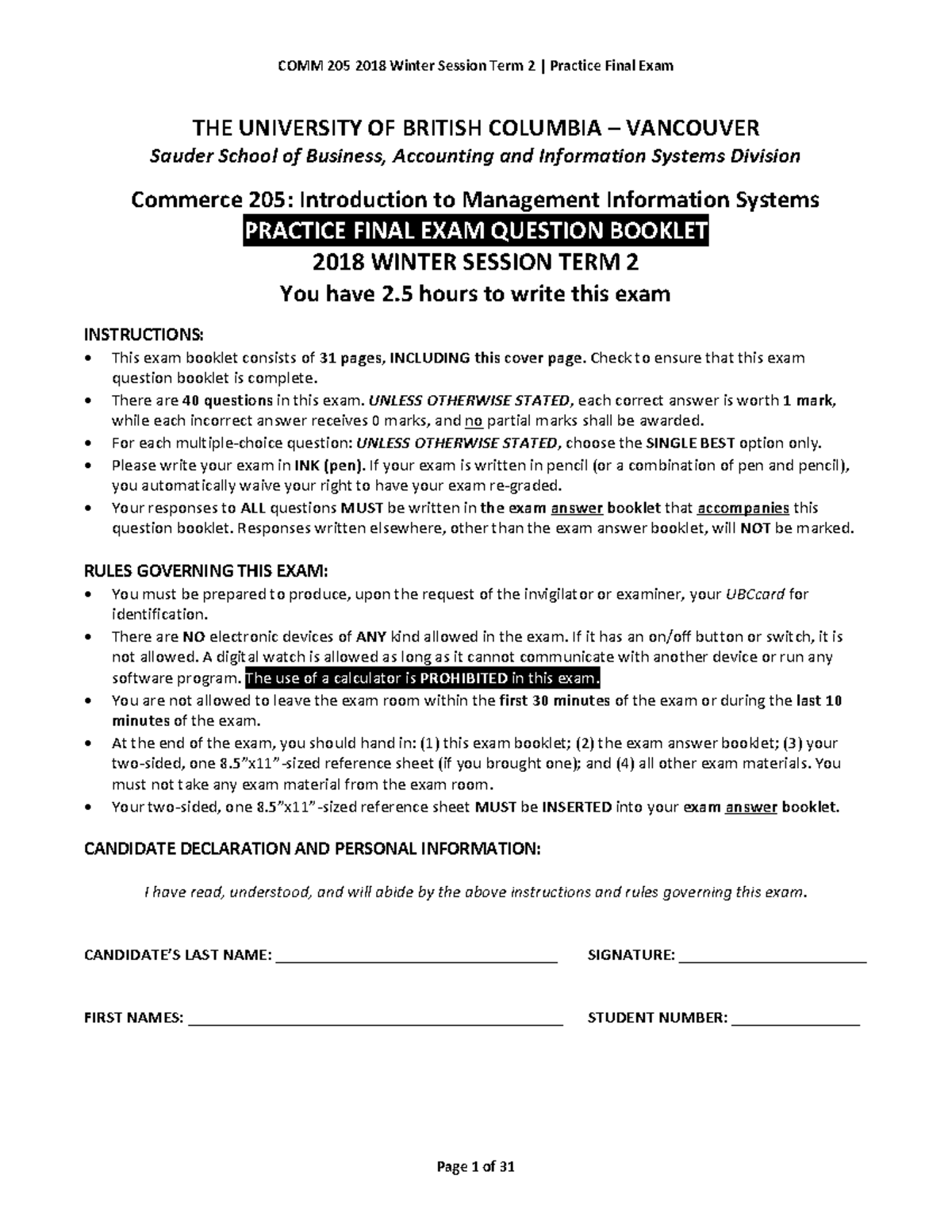 COMM 205 2018 W2 Practice Final Exam Question Booklet - THE UNIVERSITY ...