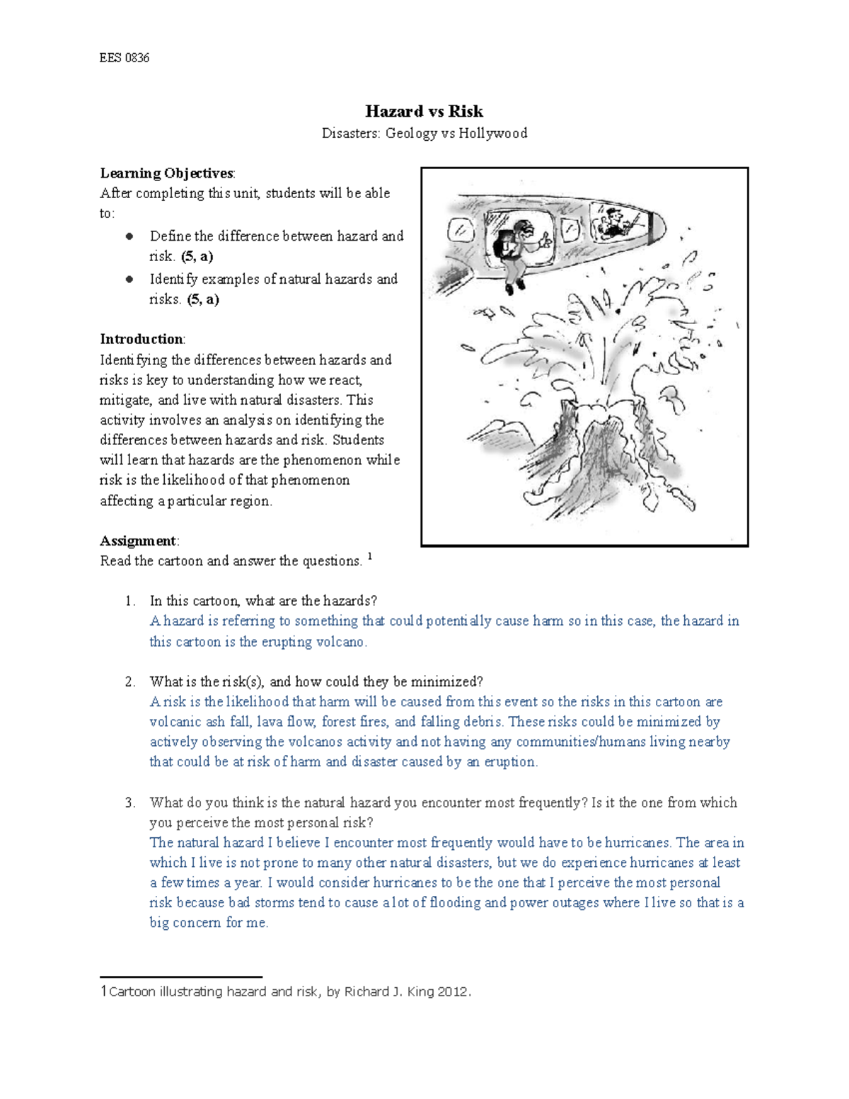 HW Hazard and Risk - EES 0836 Hazard vs Risk Disasters: Geology vs ...