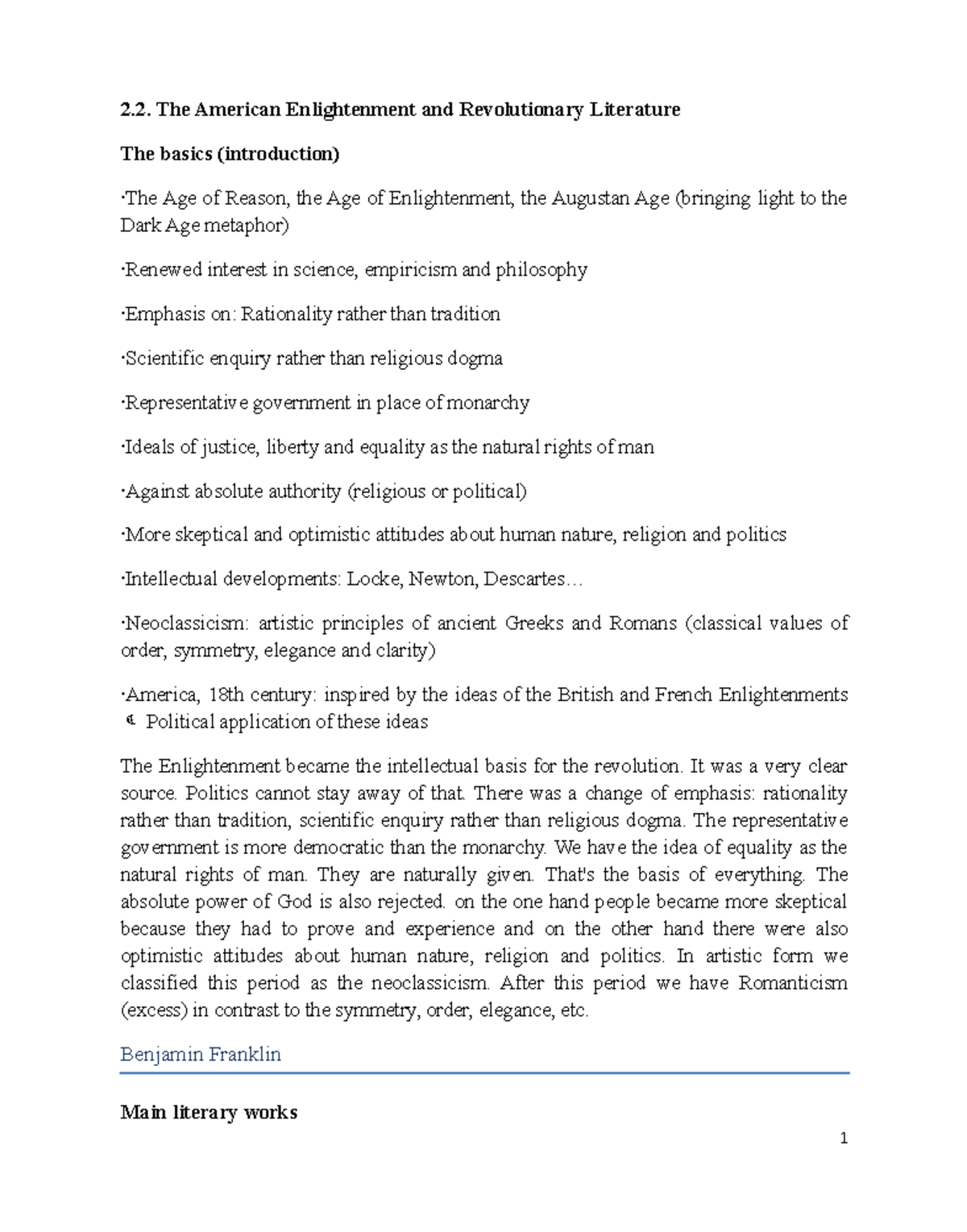 Unit 2 - Complete year lectures - 2. The American Enlightenment and ...