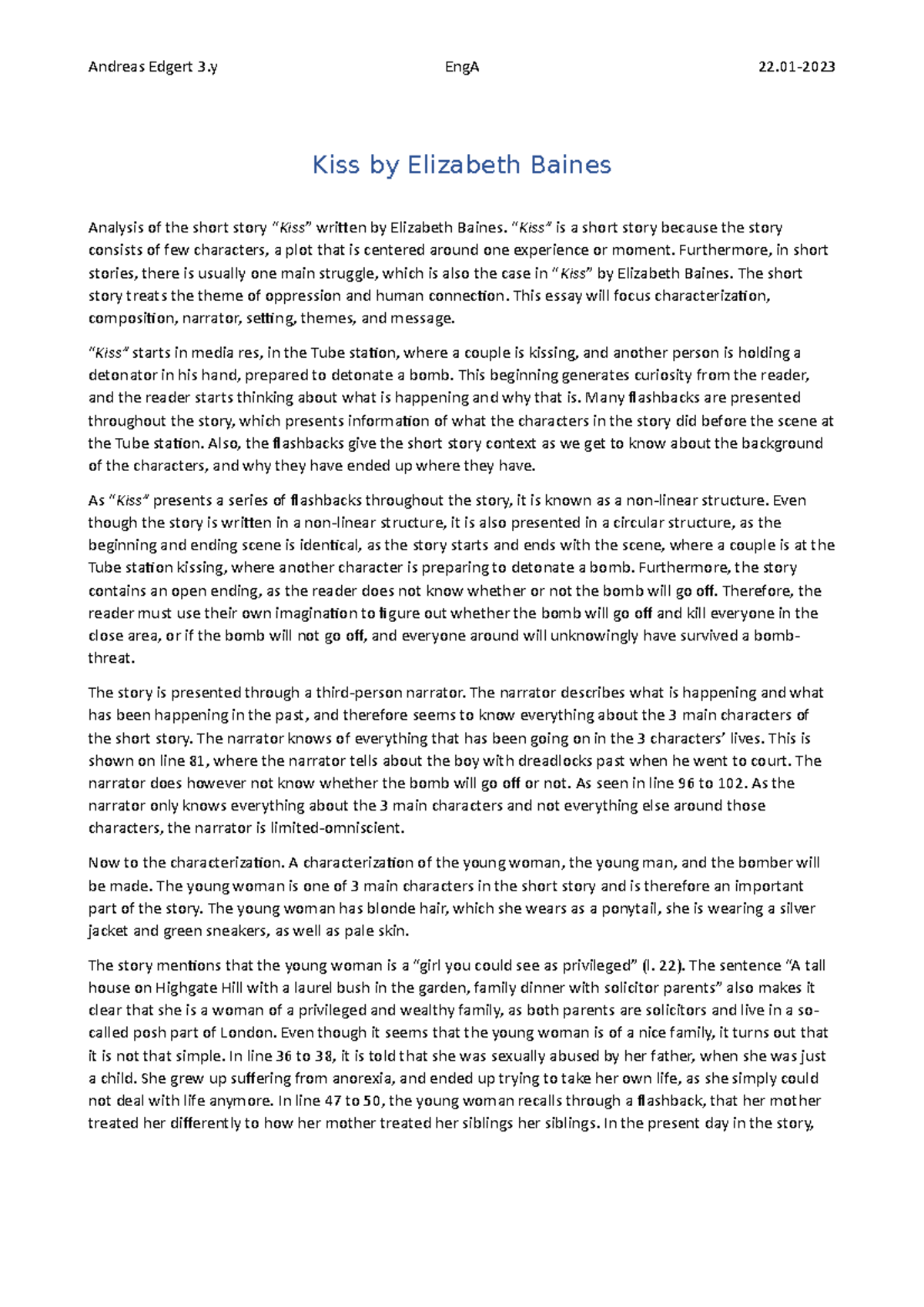 Analysis of Kiss by Elizabeth Baines - Andreas Edgert 3 EngA 22- Kiss ...