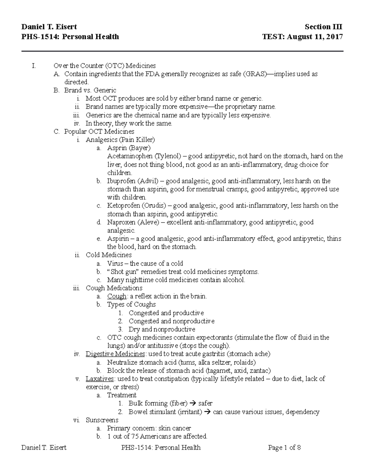 PHS-1514 - Topic III - Notes Outline - Daniel T. Eisert Section III PHS ...