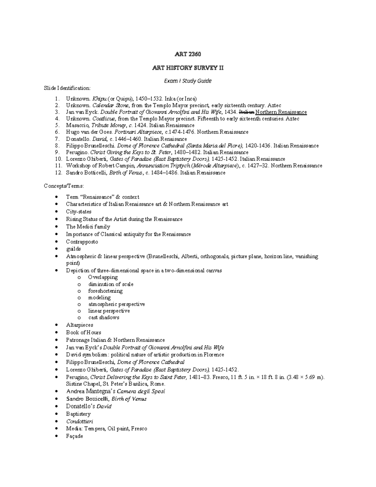 Exam I study guide - ART 2 360 ART HISTORY SURVEY II Exam I Study Guide ...