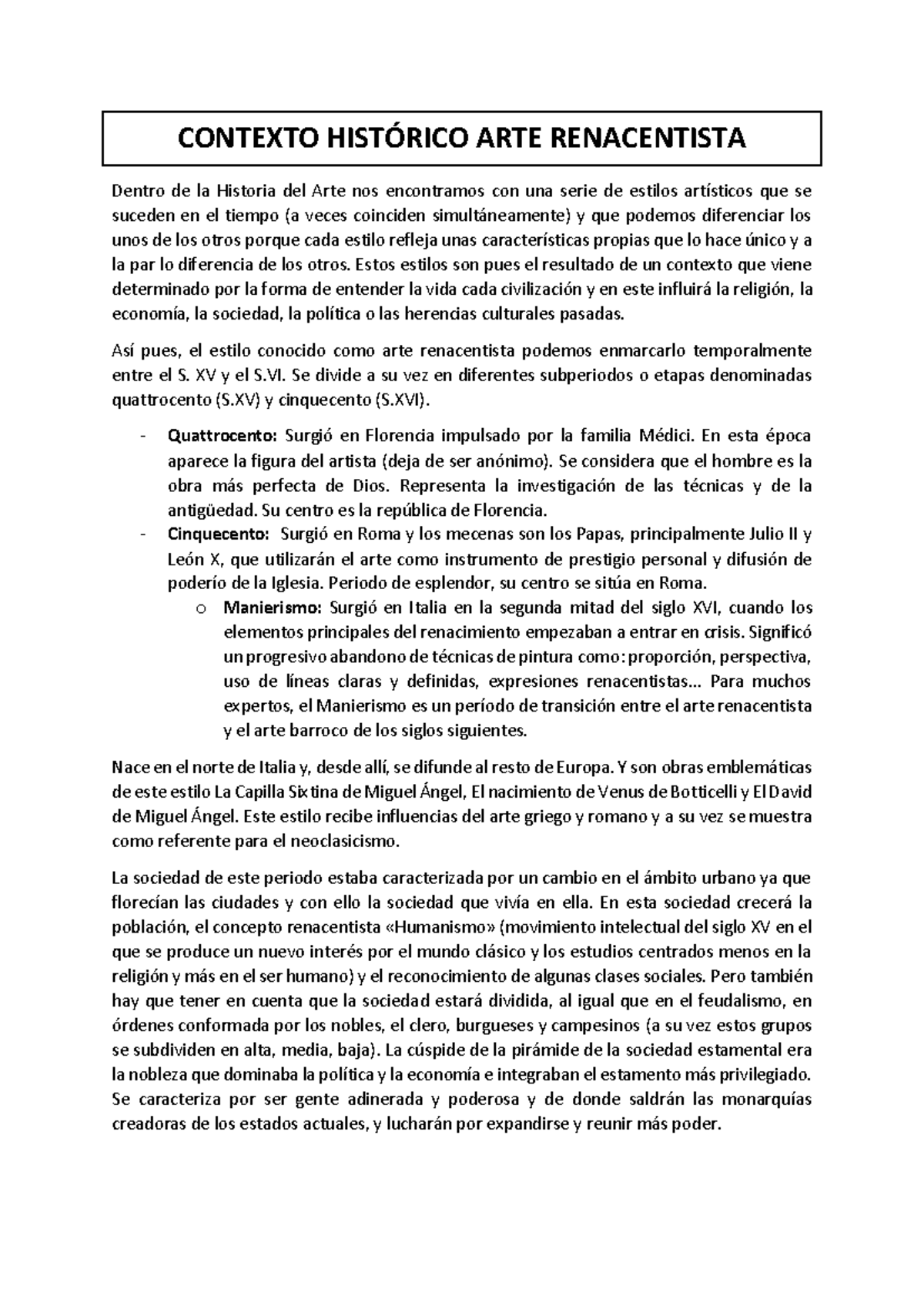 Contexto Histórico ARTE Renacentista - CONTEXTO HISTÓRICO ARTE ...