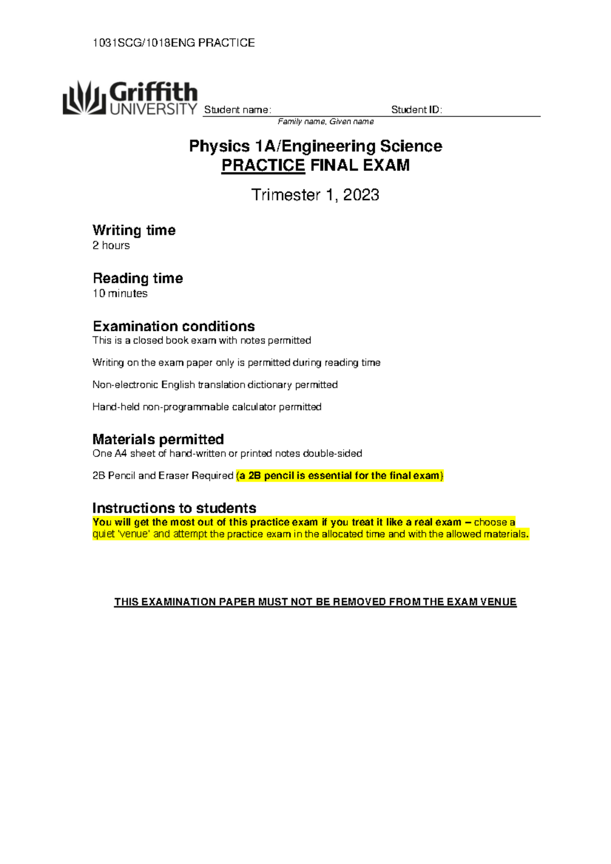 2023 T1 Practice Physics 1A - Student name: Student ID: Family name ...