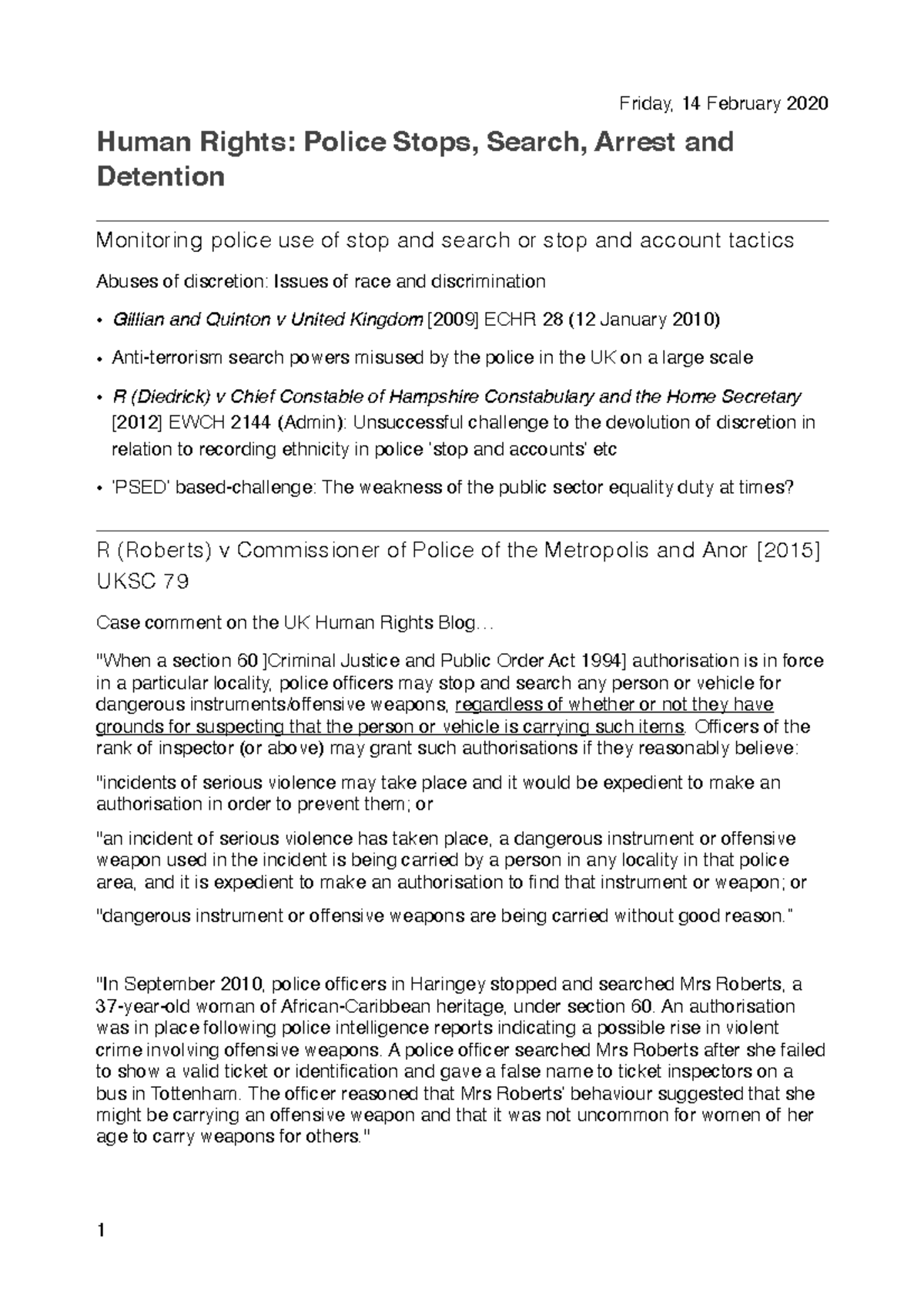 Police Stops, Search, Arrest and Detention - Friday, 14 February 2020 ...