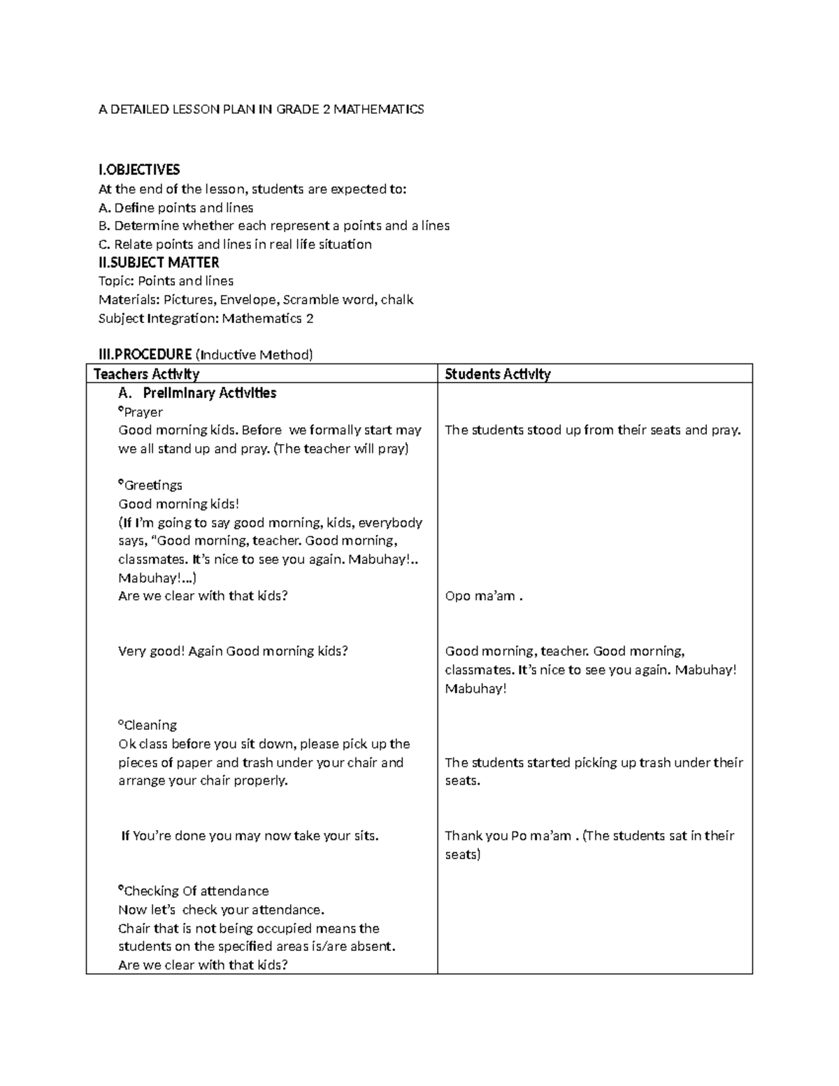 Points and lines - A DETAILED LESSON PLAN IN GRADE 2 MATHEMATICS I At ...