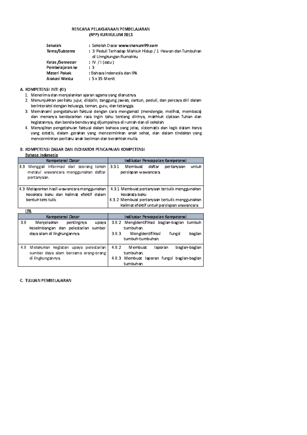 1. RPP Kelas 4 TEMA 3 Subtema 1 PB 3 www.shanum 99.com.docx - Google Docs - RENCANA PELAKSANAAN ...