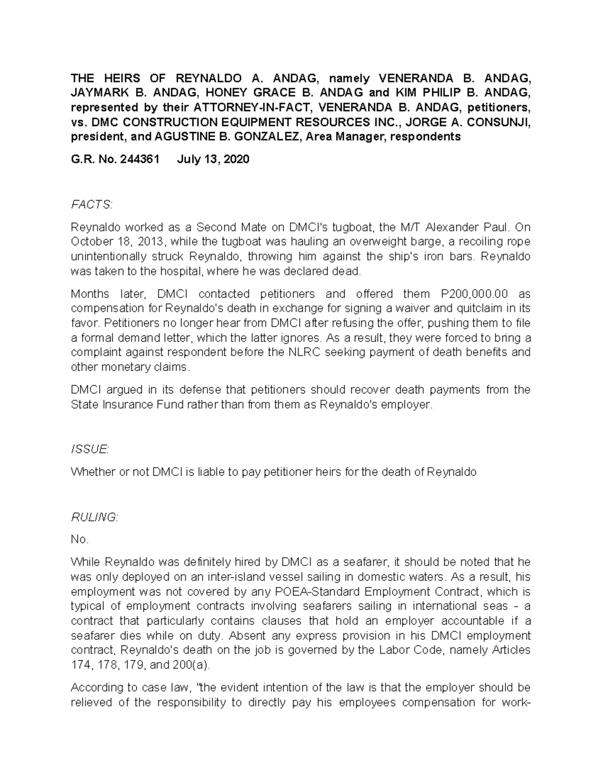 THE Heirs OF Reynaldo Andag - THE HEIRS OF REYNALDO A. ANDAG, namely ...