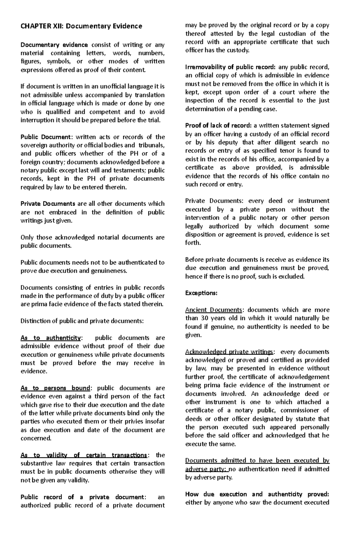 Finals evidence - CHAPTER XII: Documentary Evidence Documentary ...