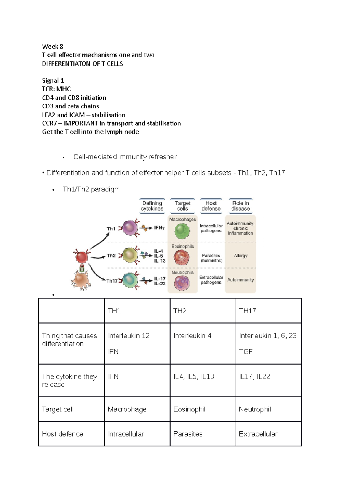 Week 8 T cells - LECTURE NOTES - Week 8 T cell effector mechanisms one ...