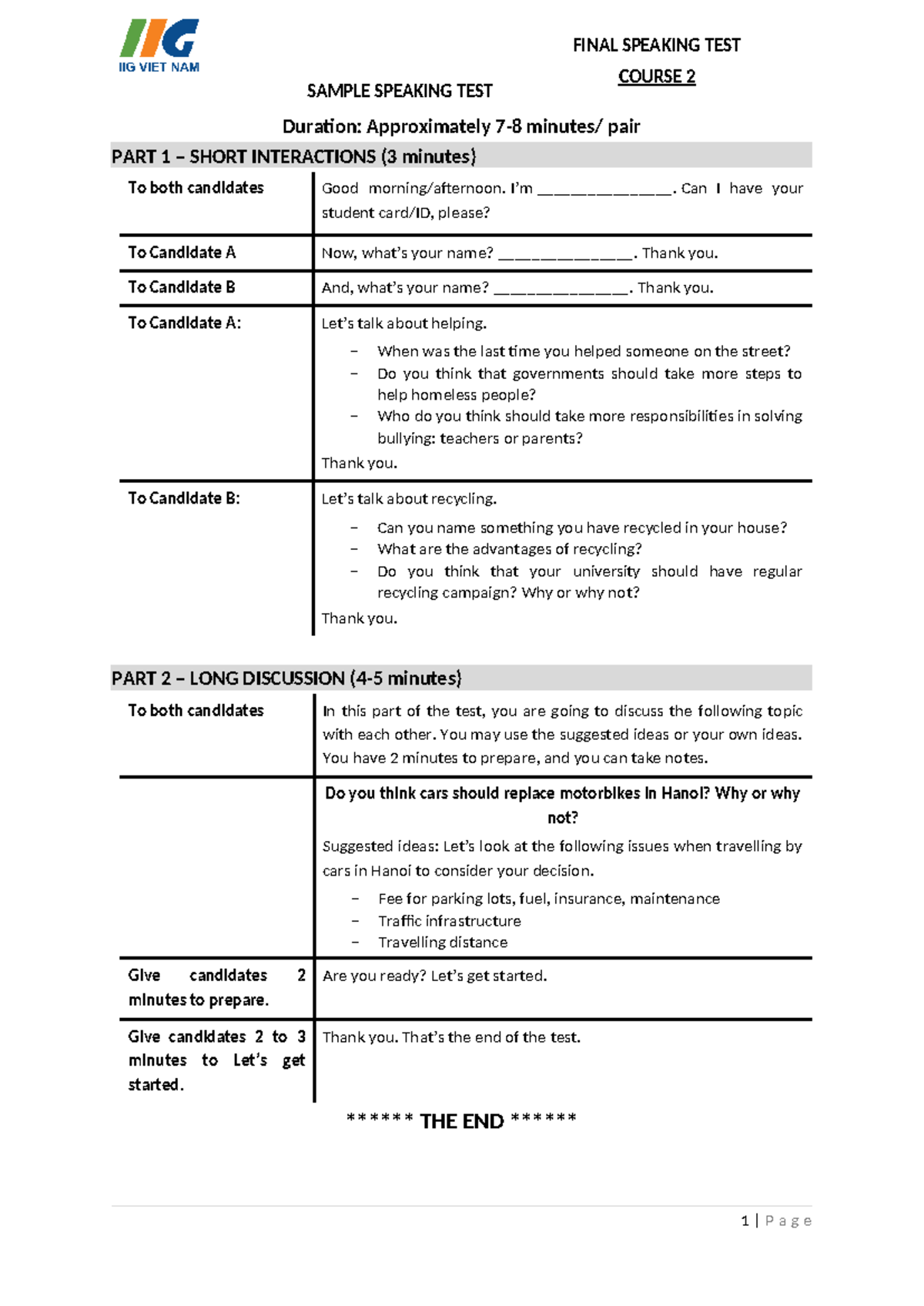 Sample Speaking TEST Course 2 - SAMPLE SPEAKING TEST FINAL SPEAKING ...