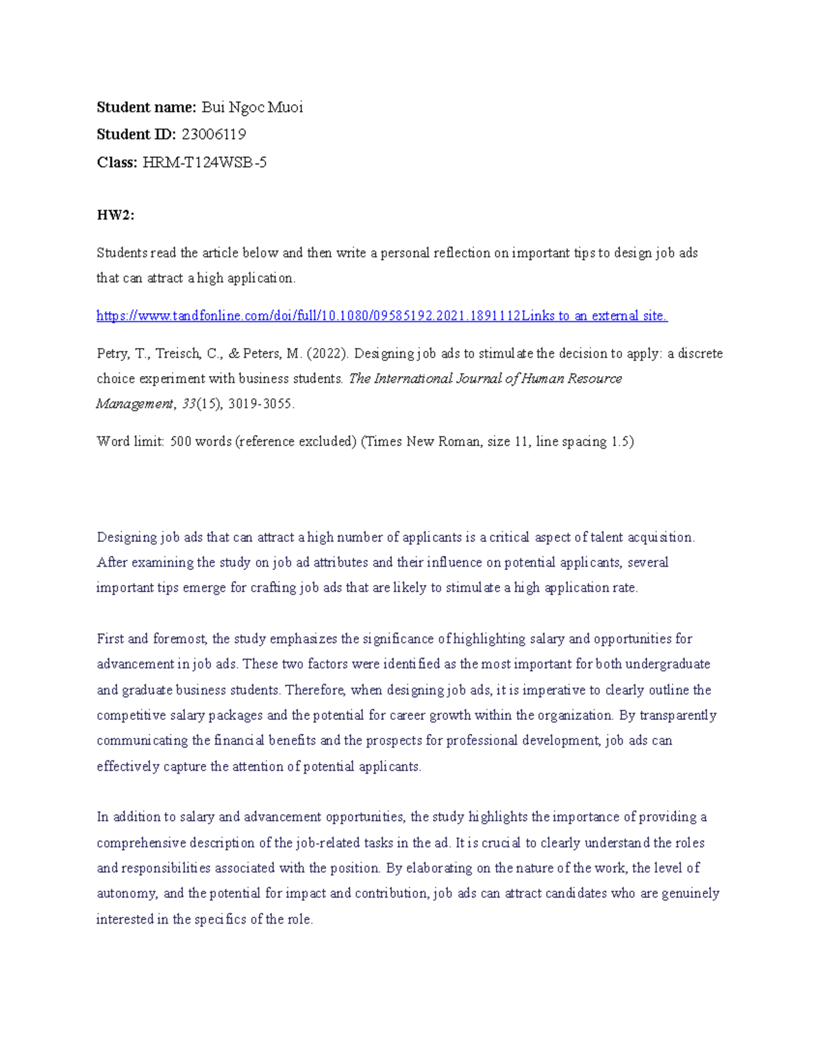 HW2 HRM-T124WSB-5 - Student name: Bui Ngoc Muoi Student ID: 23006119 Class: HRM-T124WSB- HW2 ...