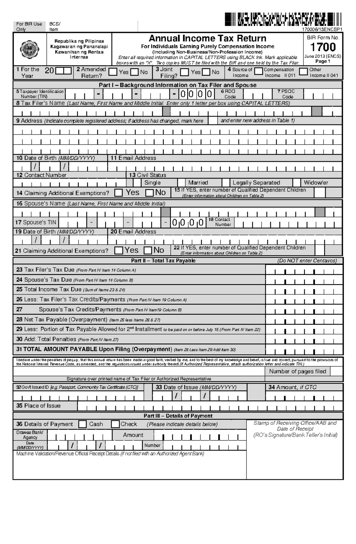 Bir form 1700 - Form - For BIR Use Only BCS/ Item 170006/13ENCSP ...