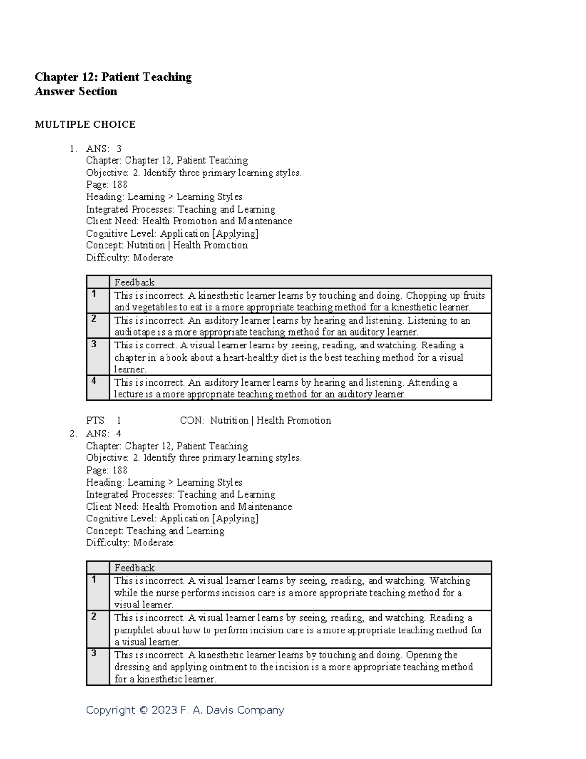 NUR179 Ch12 Answers - overview - Chapter 12: Patient Teaching Answer ...