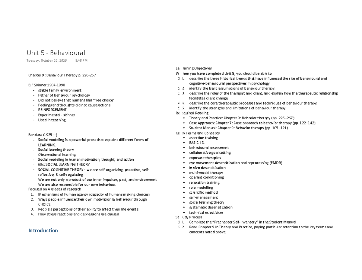 Unit 5 Behavioural therapy - Le W 1. Re Ke Stu 1. 2. Chapter 9 ...
