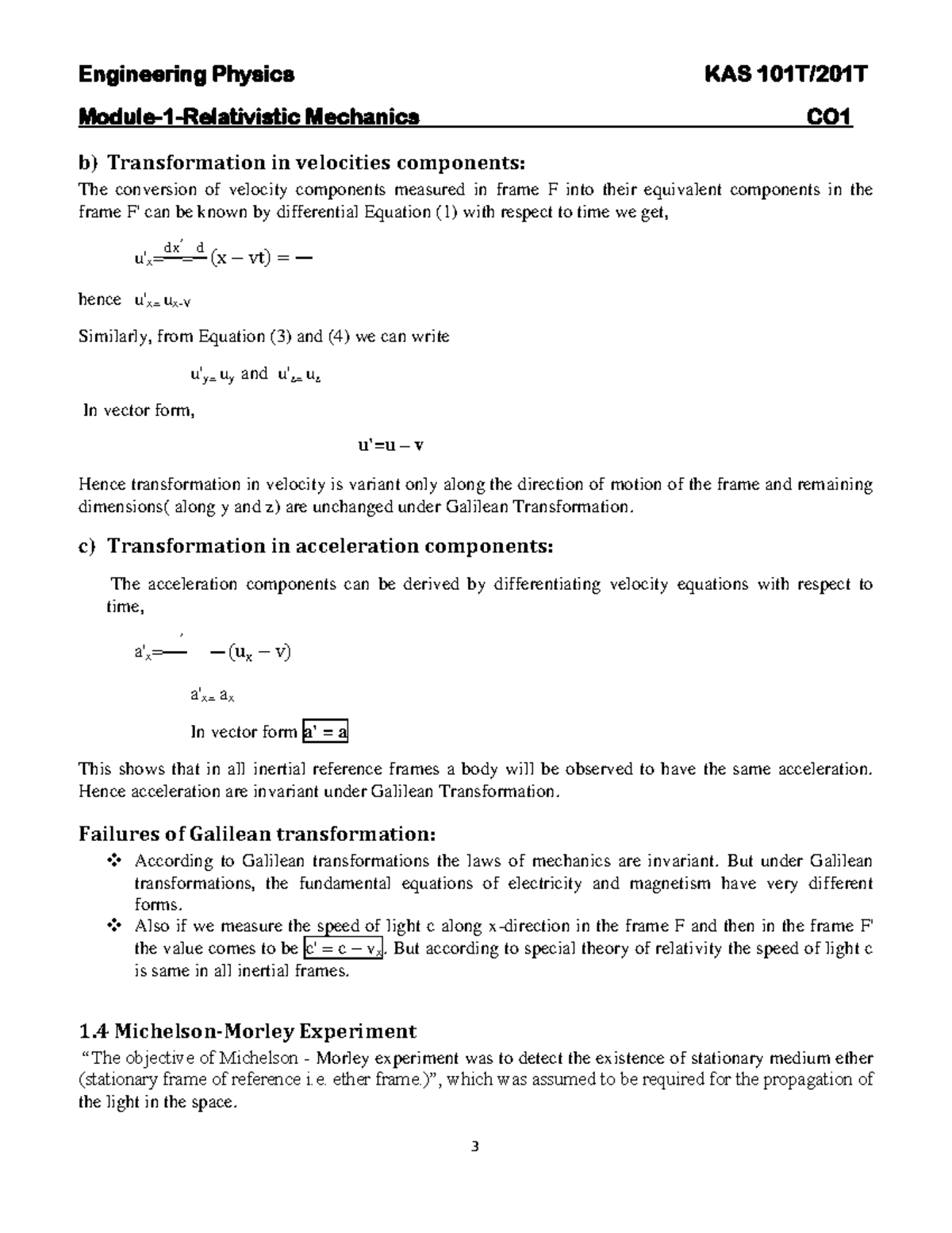 Engineering Physics (Notes)-2 - Module- 1 - Relativistic Mechanics CO 1 ...